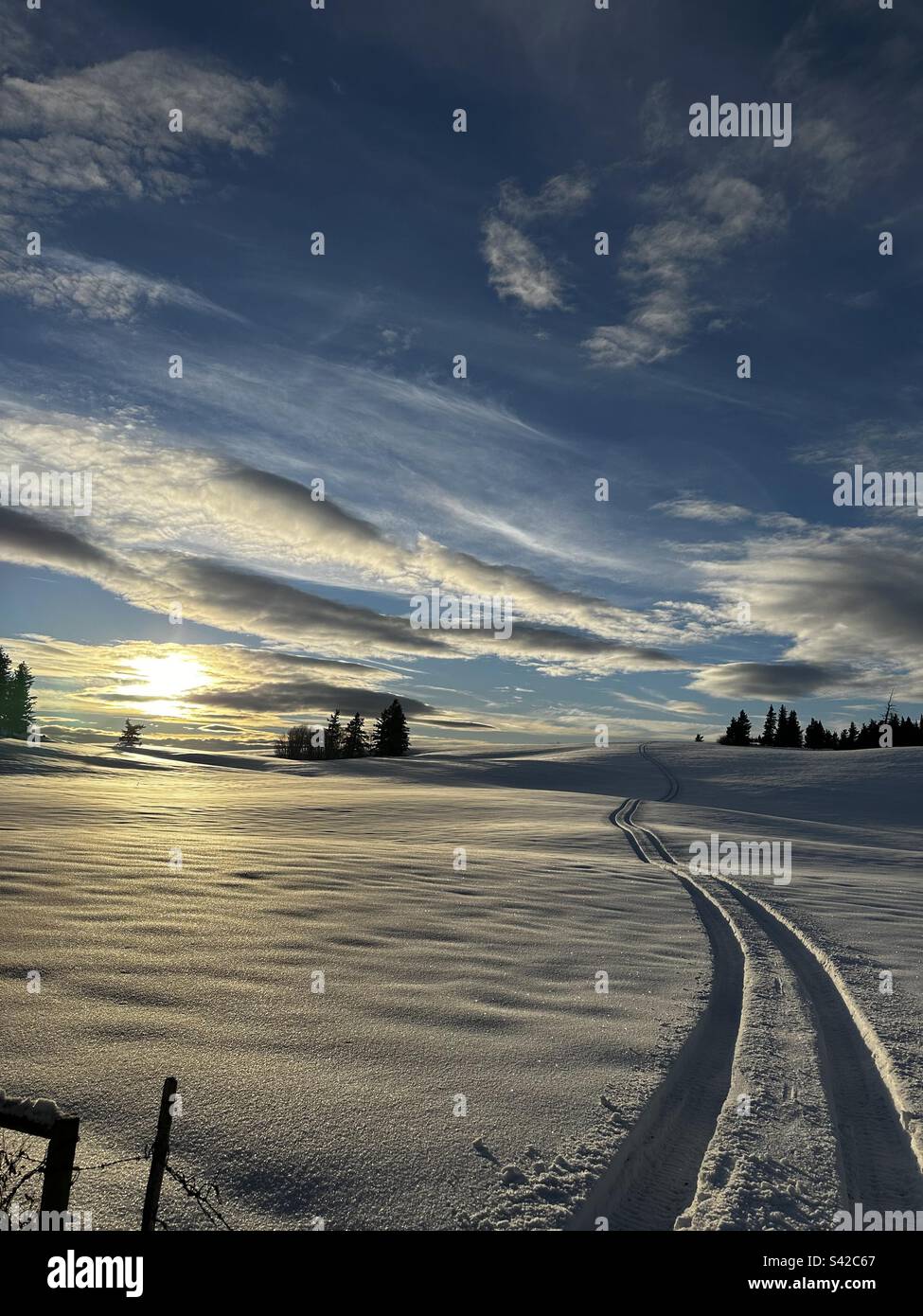 A seemingly endless track trails off into the landscape of snow, and ...