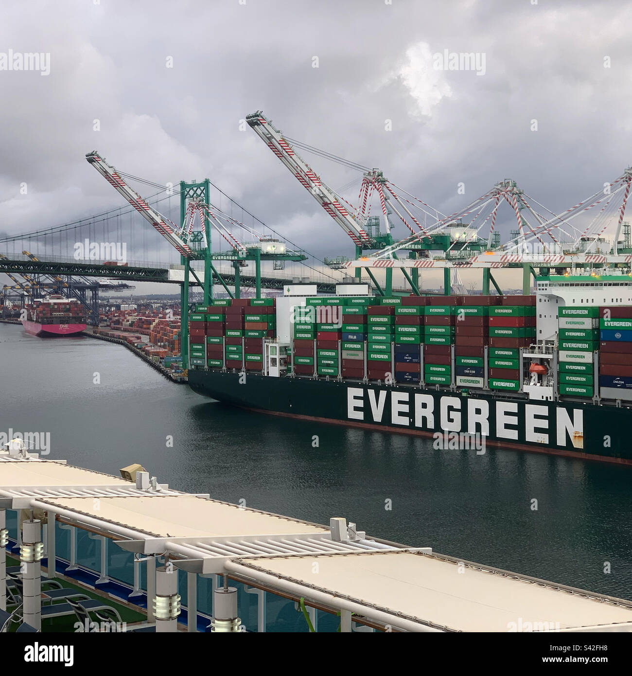 November, 2022, Evergreen container ship viewed from a cruise ship, San Pedro, Los Angeles ...