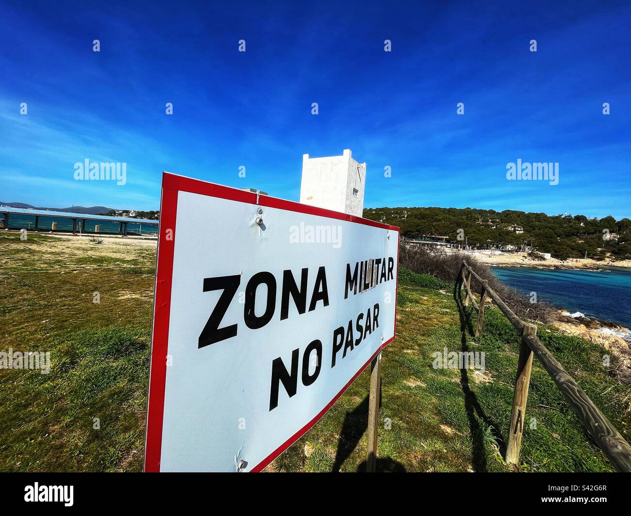 Zona Militar No Pasar sign on an outcrop on the Island of Mallorca ...