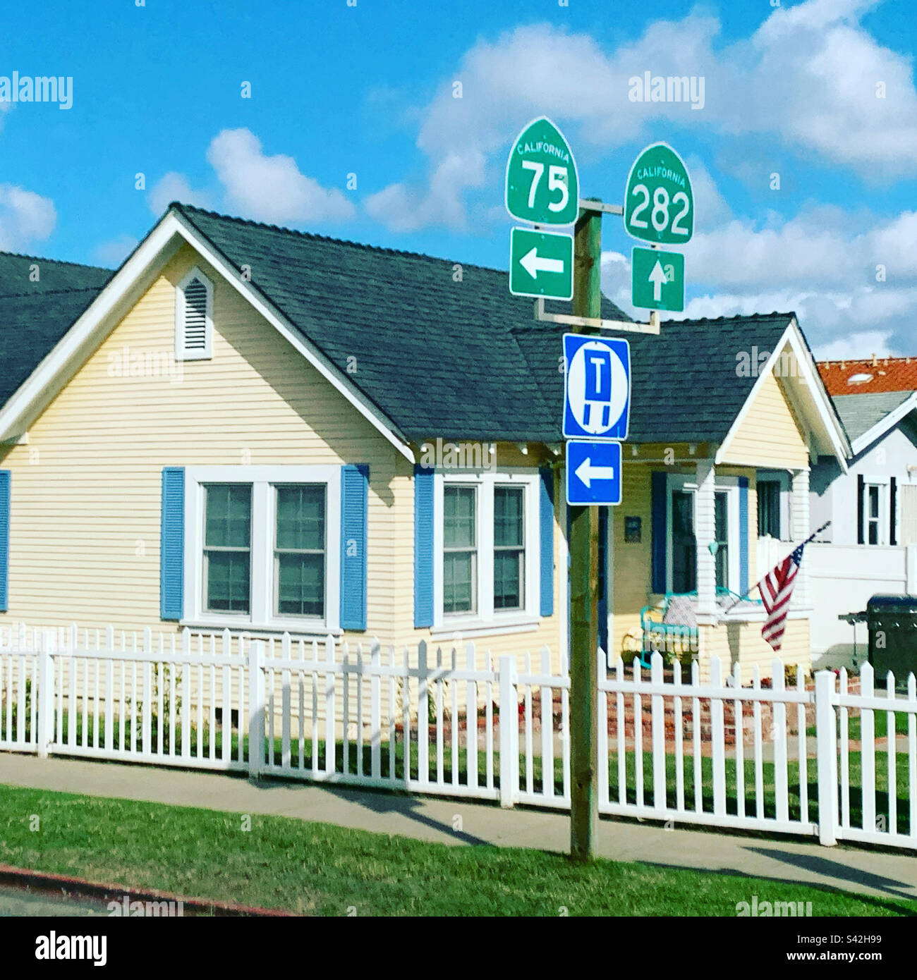 A home and road signs on North Island, Coronado, San Diego County ...