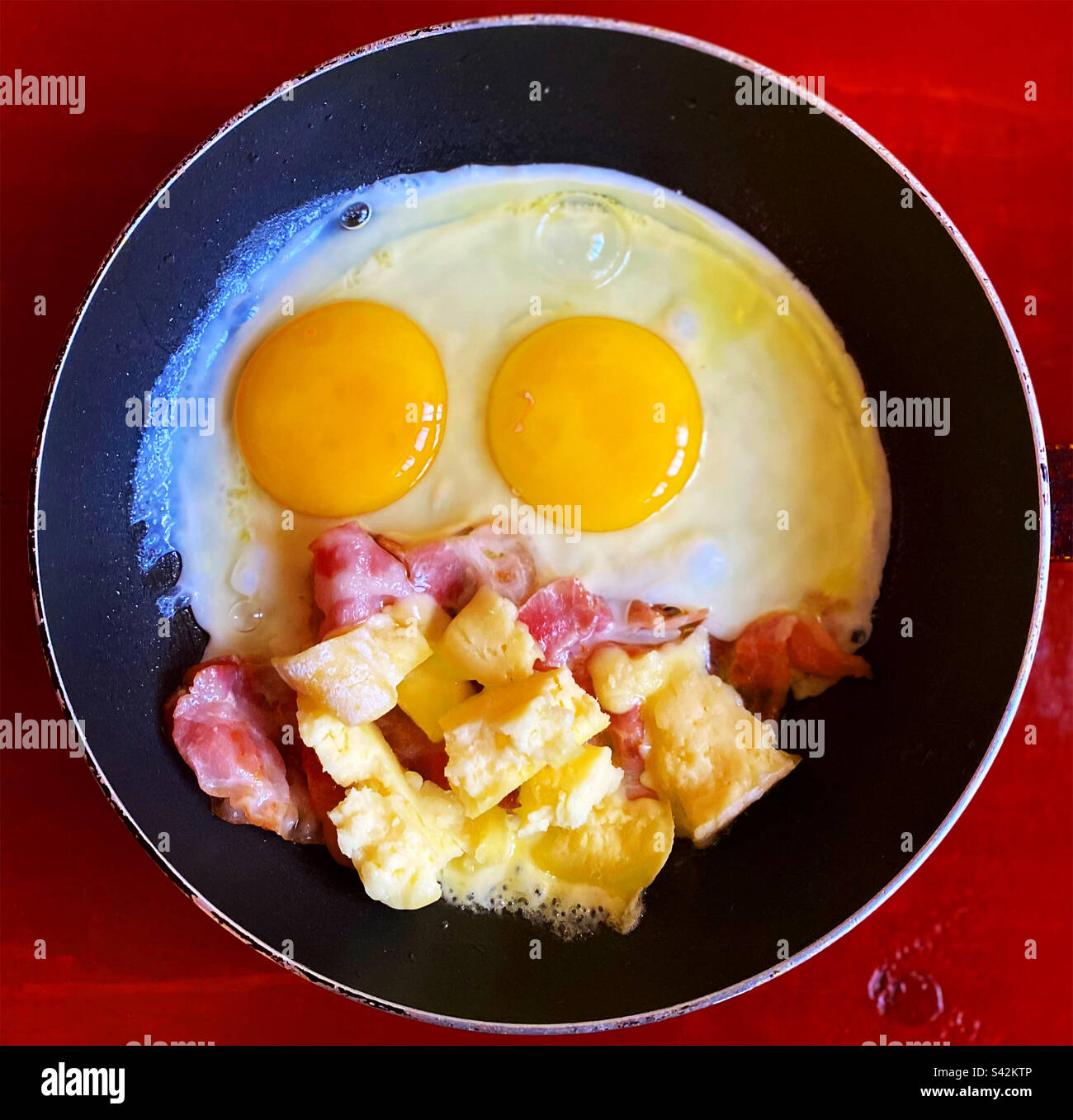 Bacon, fried eggs and cheese in a home in Queretaro, Mexico Stock Photo ...