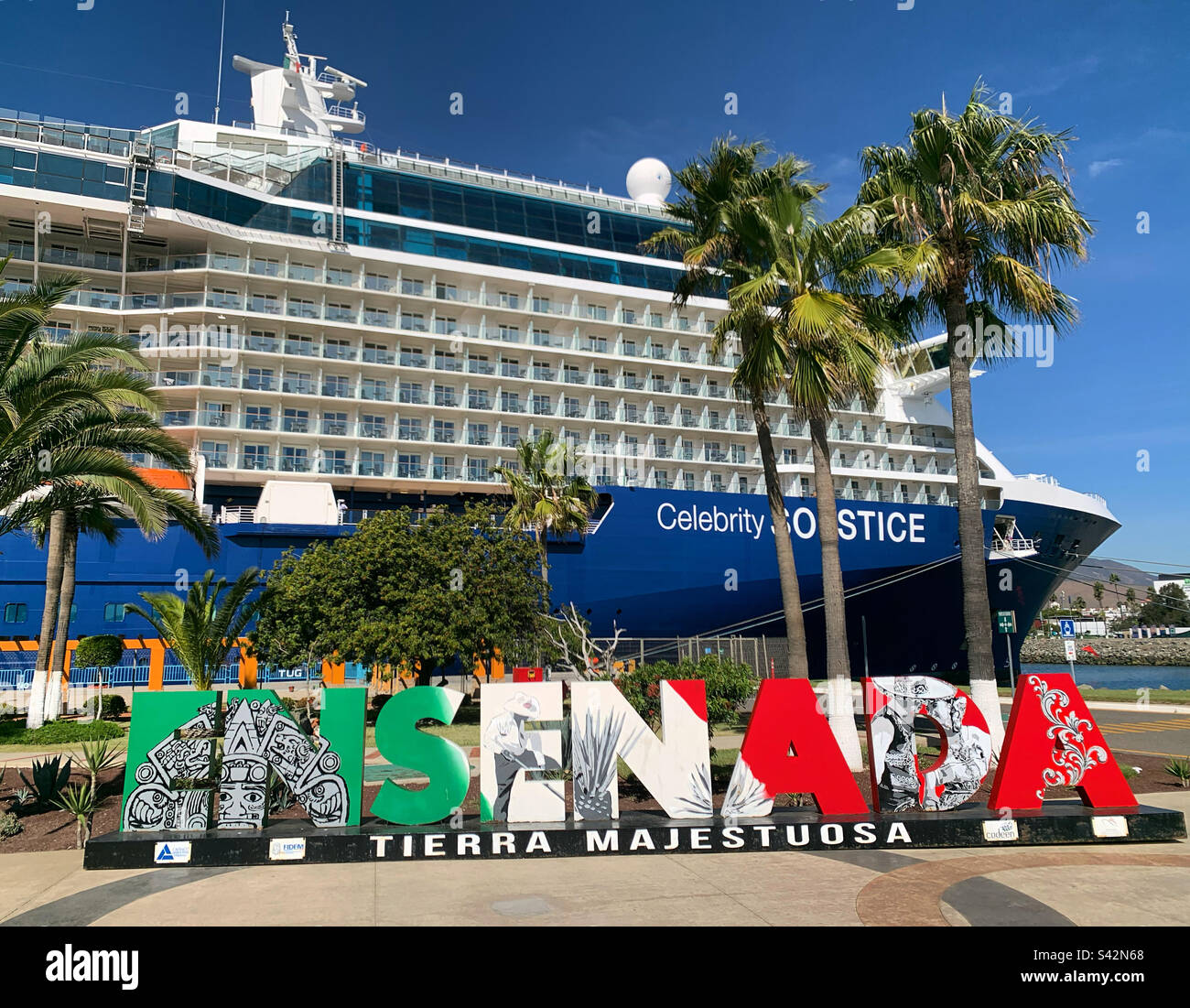 November, 2022, Ensenada sign, Celebrity Solstice cruise ship in the ...