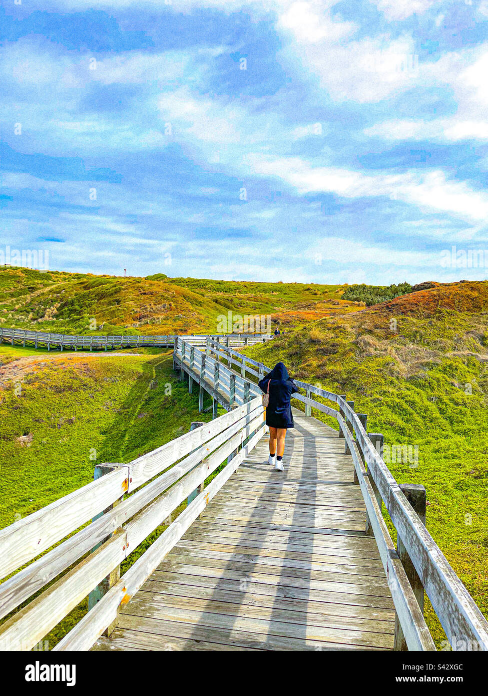 Girl walking down the iconic boardwalk at the Nobbies, Phillip Island ...