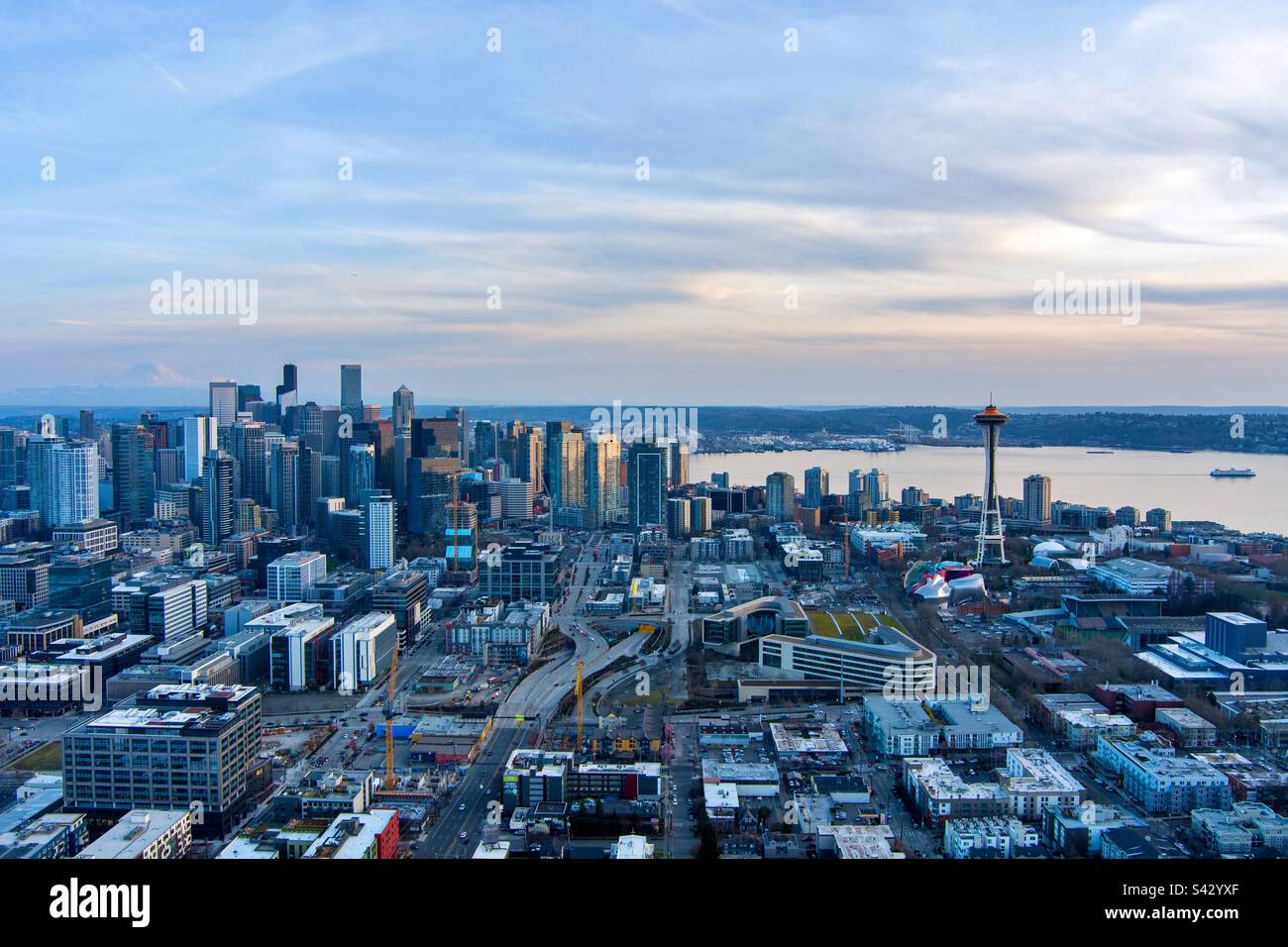 Aerial view of the downtown Seattle waterfront at sunset in March Stock ...