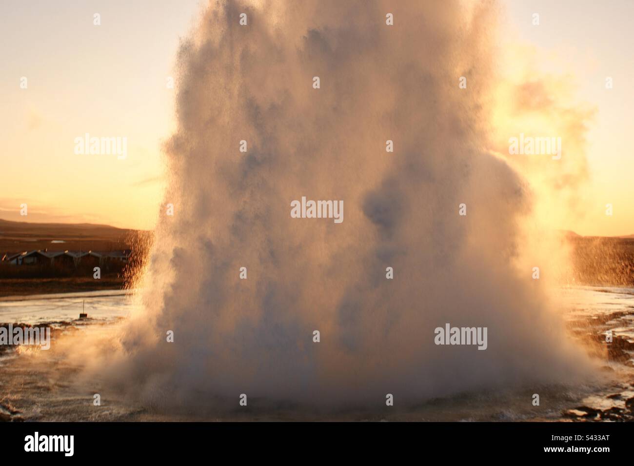 Huge geyser eruption of boiling hot steam at sunset in Iceland, near ...