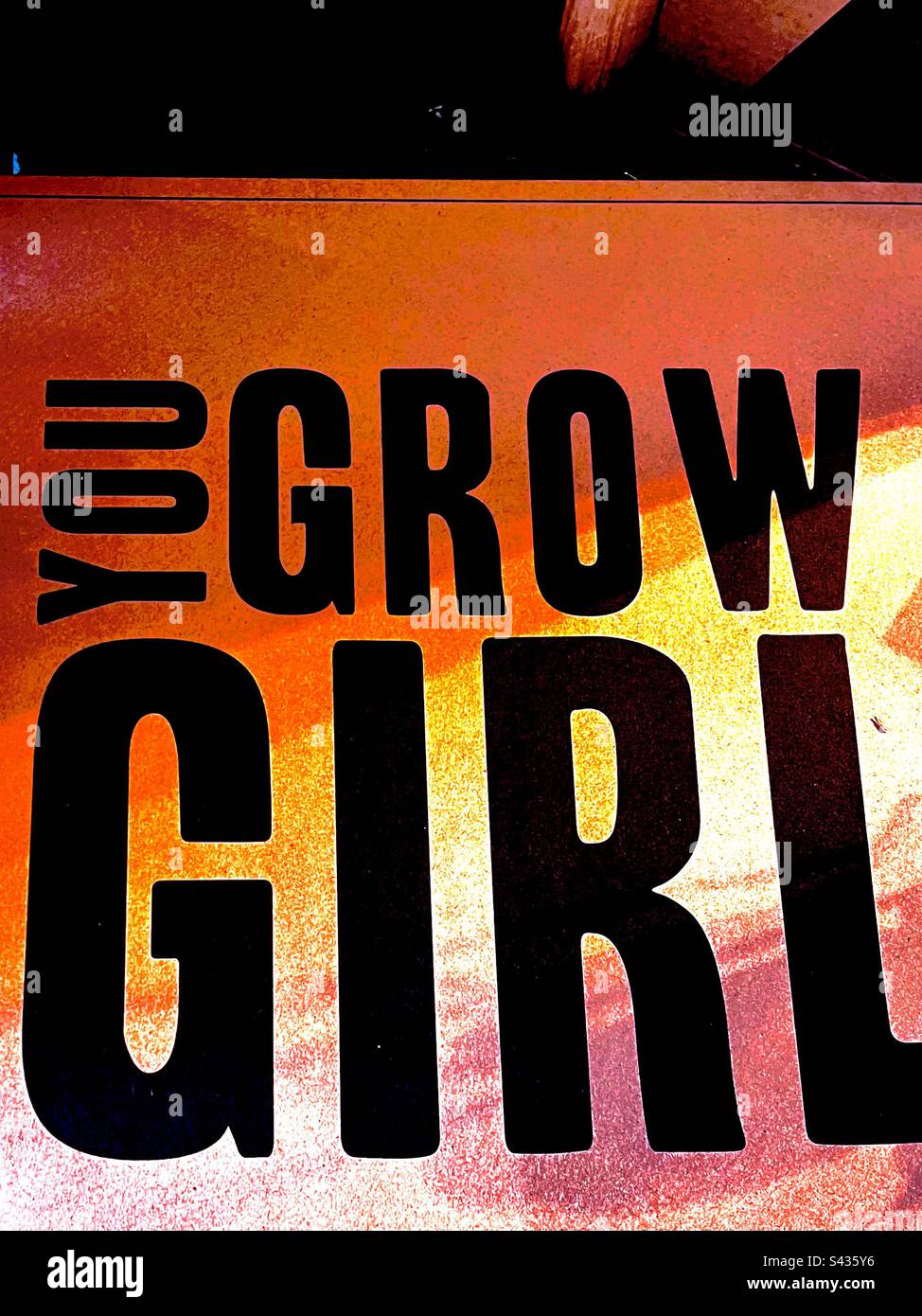 Orange and pink graphic with bold black letters, says YOU GROW GIRL ...