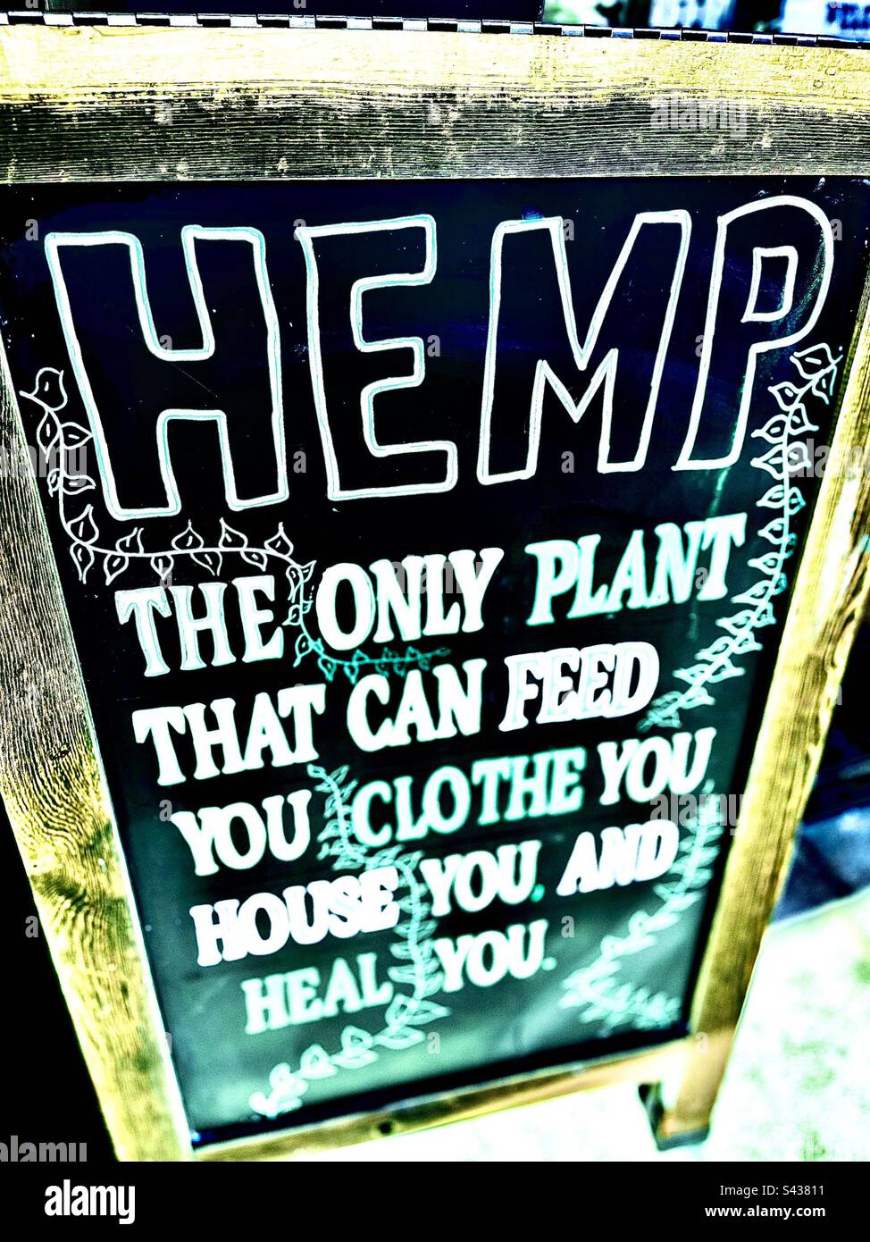 Hemp sign. Outdoor sign on easel explains uses for hemp plant. Includes ...