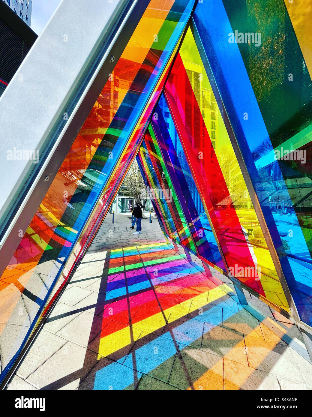 Liz West Sculpture artwork at the Leeds Dock area, coloured prism that ...