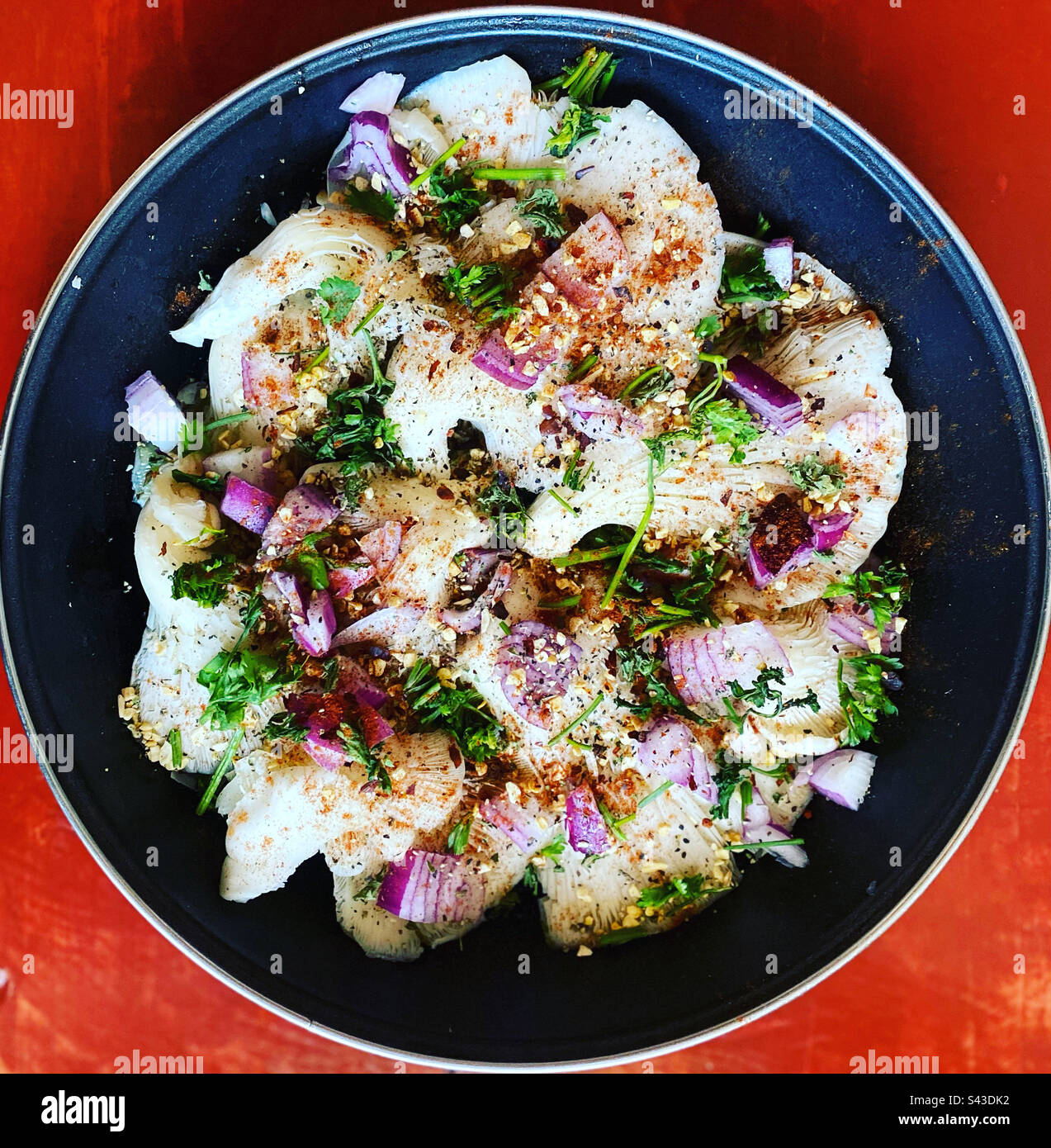 Mushrooms, onion and coriander ready to be cooked in Queretaro, Mexico ...