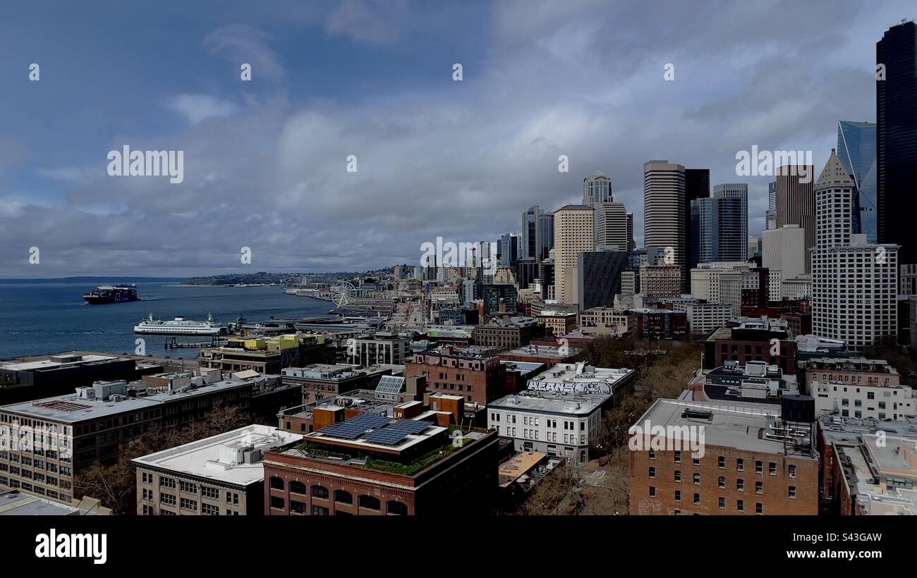 View of cityscape in downtown Seattle, USA, with ferry boats and a ...