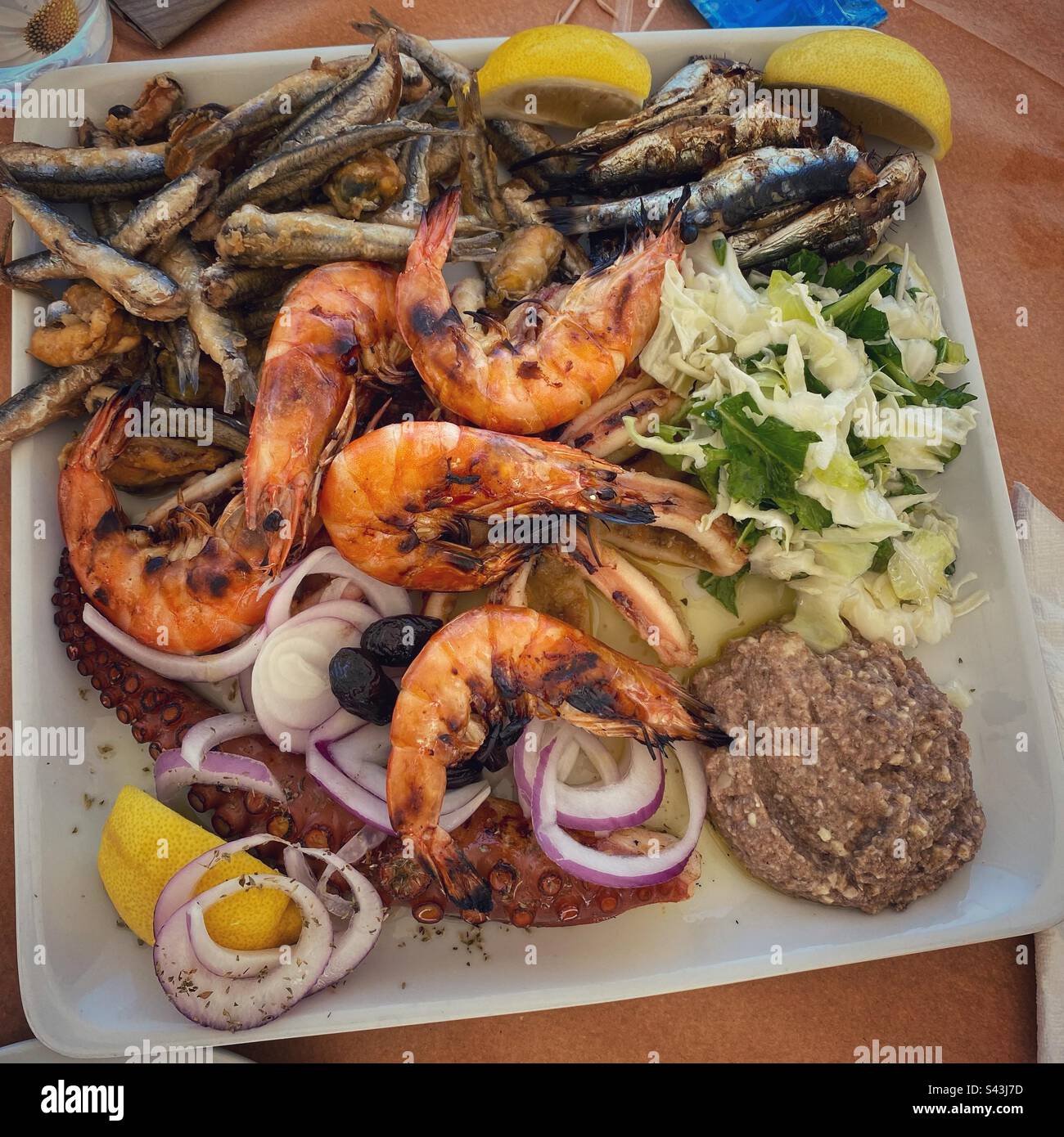 Mixed seafood plate in Greece on Thassos island Stock Photo - Alamy