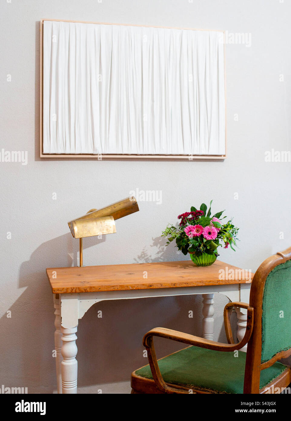 Stylish writing desk with elegant interior design elements Stock Photo ...