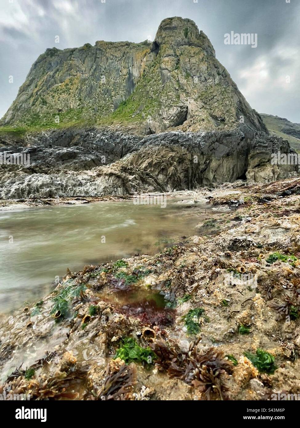 Rocky shoreline below Goat's Hole Cave (Paviland cave), South Gower ...