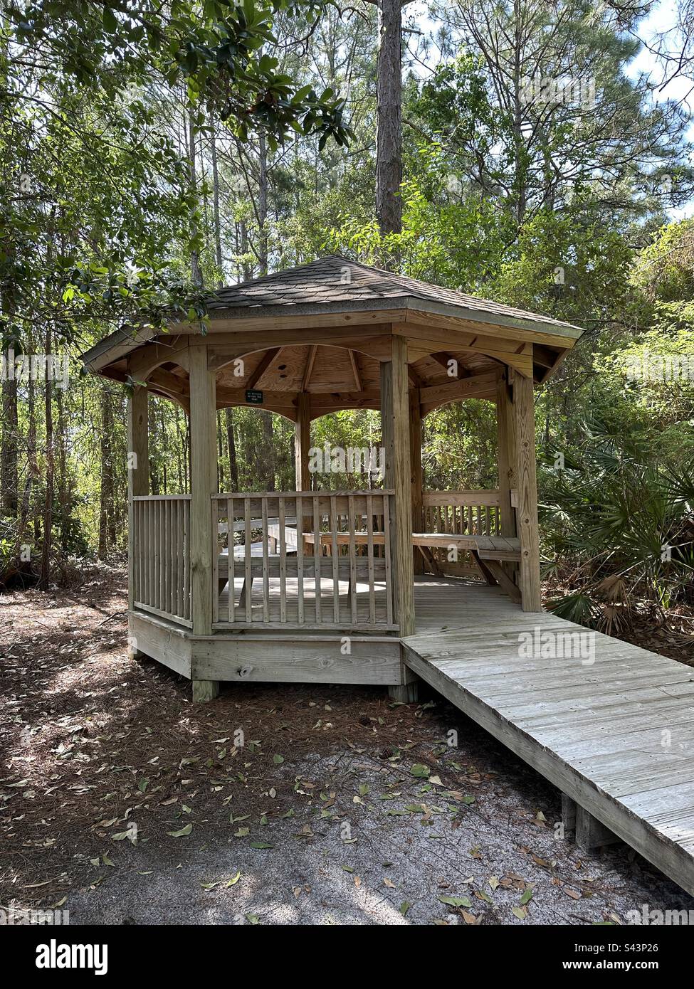 Wooden gazebo with natural landscape background Stock Photo - Alamy
