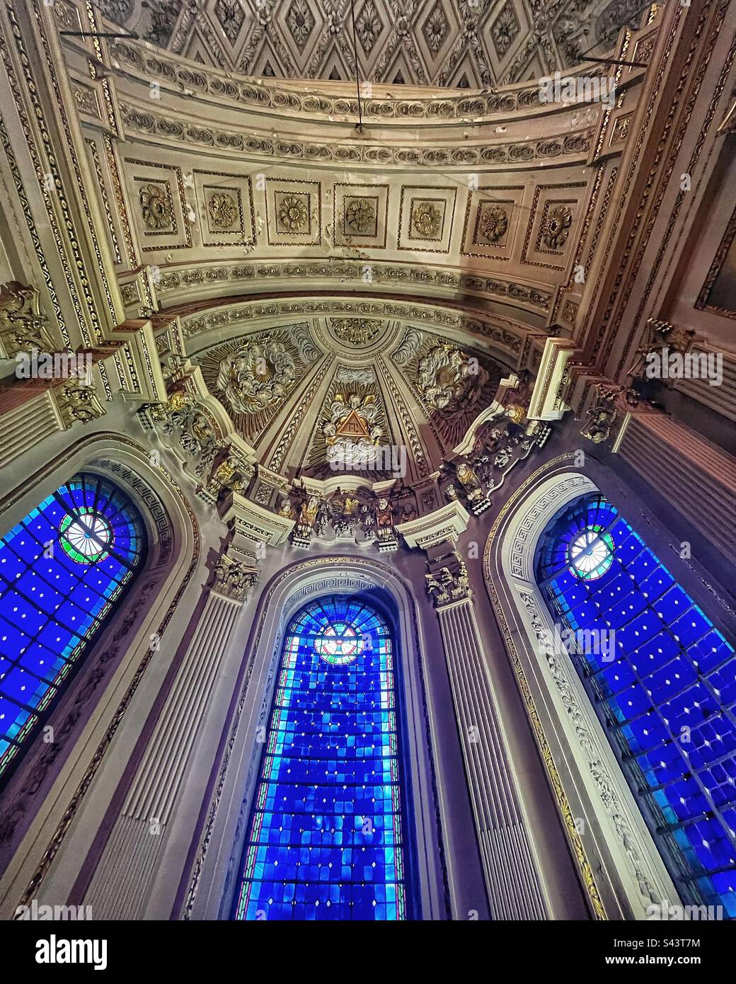 Blue stained glass windows above the altar at St Mary le Strand Church ...