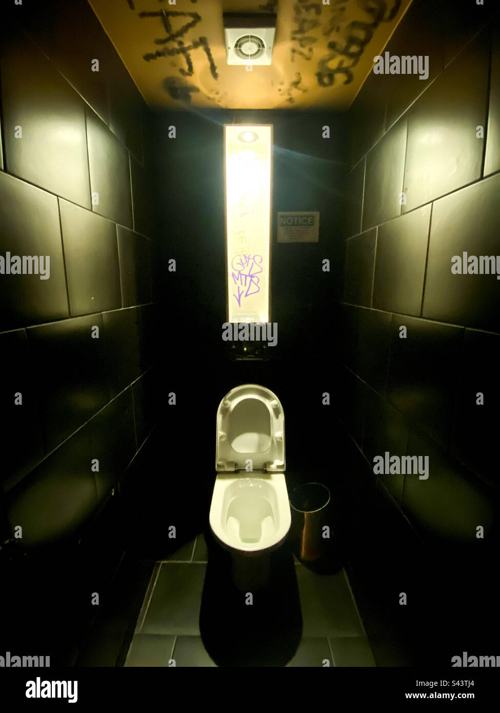 A dimly lit toilet cubicle at a restaurant with ambient lighting Stock ...