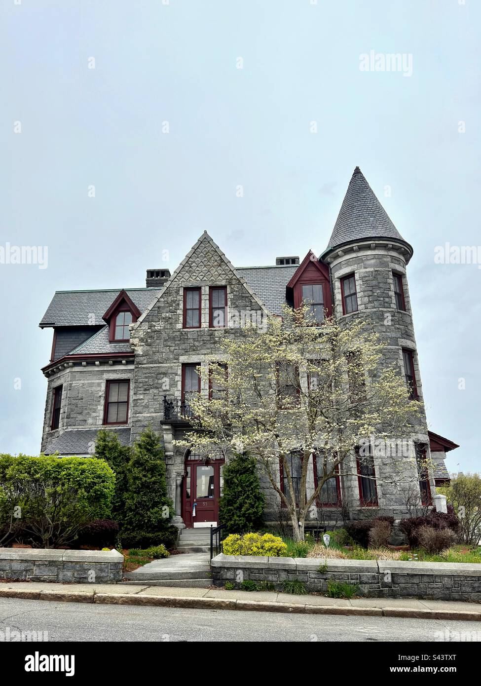 Worcester, Massachusetts, USA: exterior of old, three-story stone ...