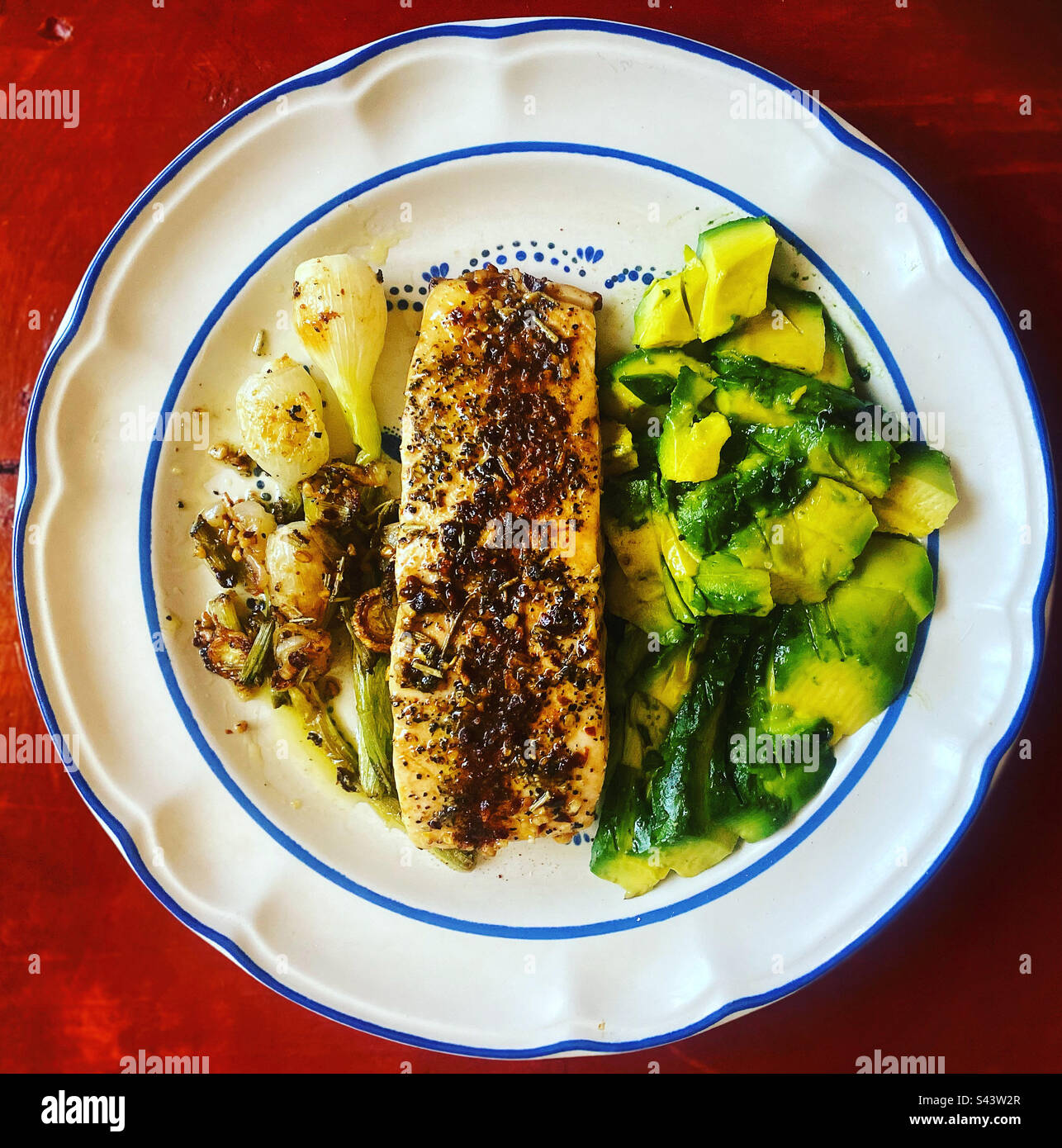 Onion, grilled salmon fish and avocados in Queretaro, Mexico Stock ...