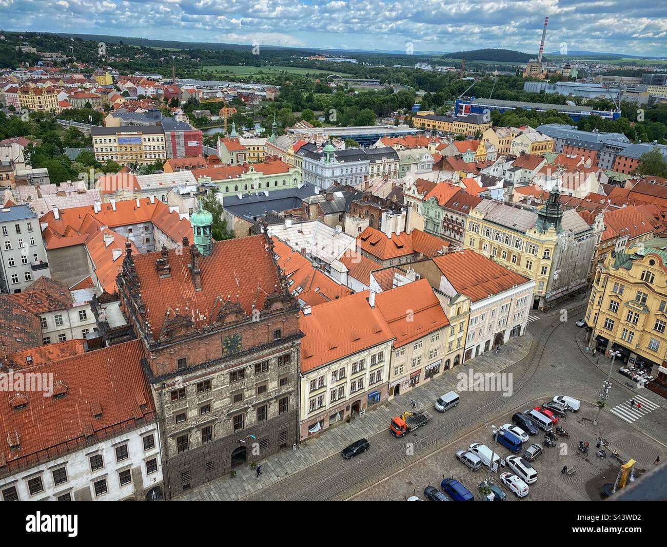 High-angle view at colorful historical buildings and the Republic ...