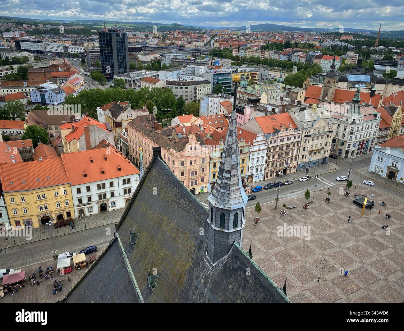 High-angle view at Pilsen historical center and a spire of the ...