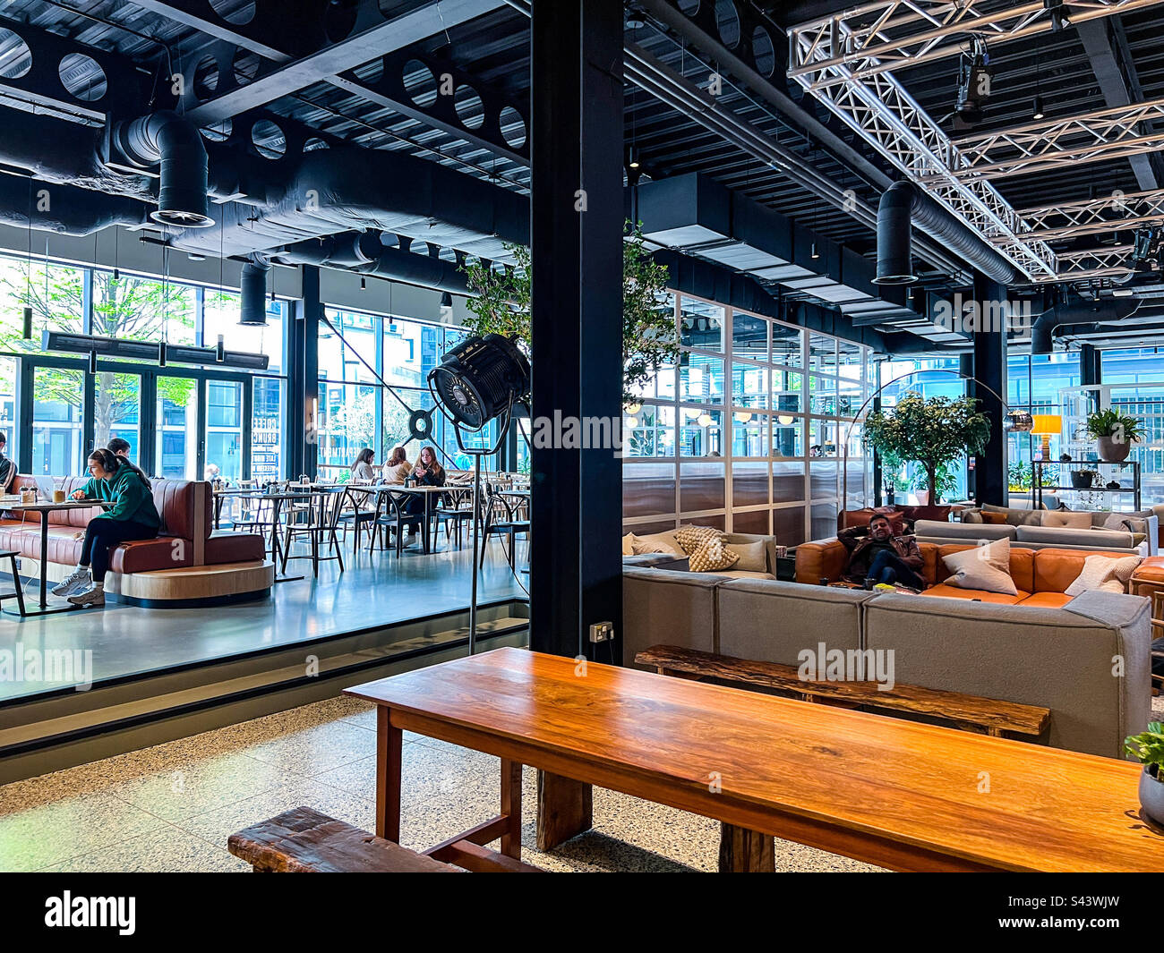 Inside a trendy work wellness social bar and restaurant at Leeds Dock ...