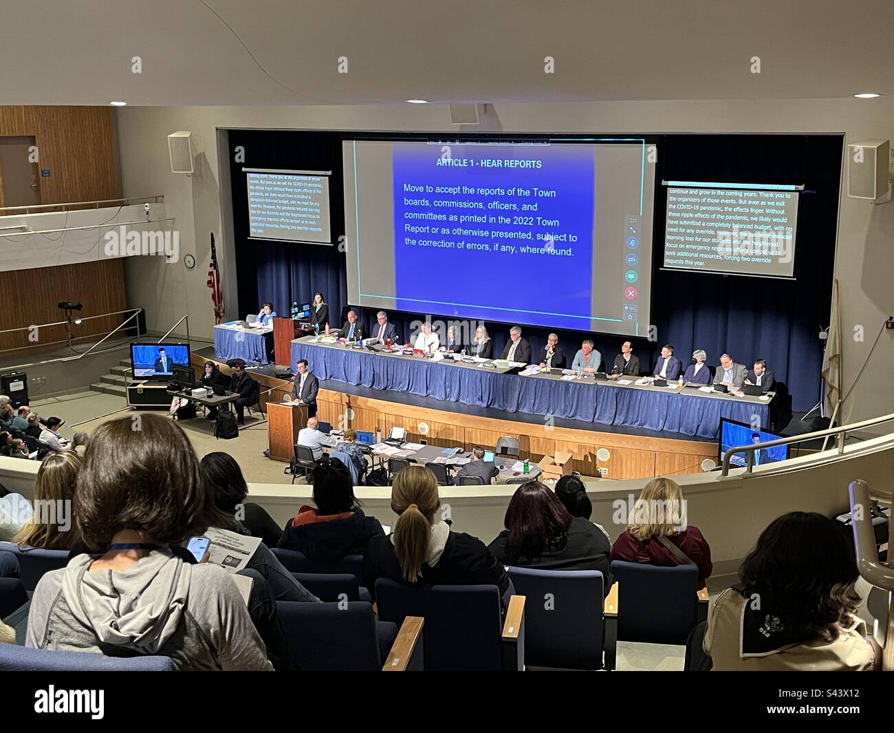 Town hall meeting in Sudbury, Massachusetts. View from the balcony at ...