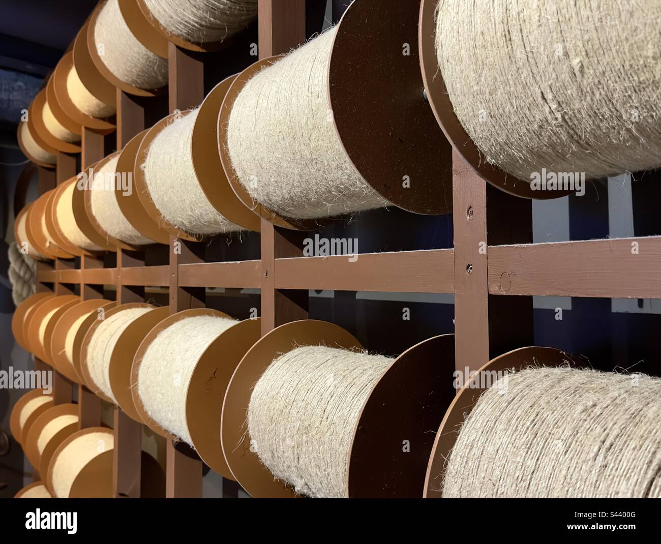 Bobbins of twine, waiting to be made into rope in the French rope works ...