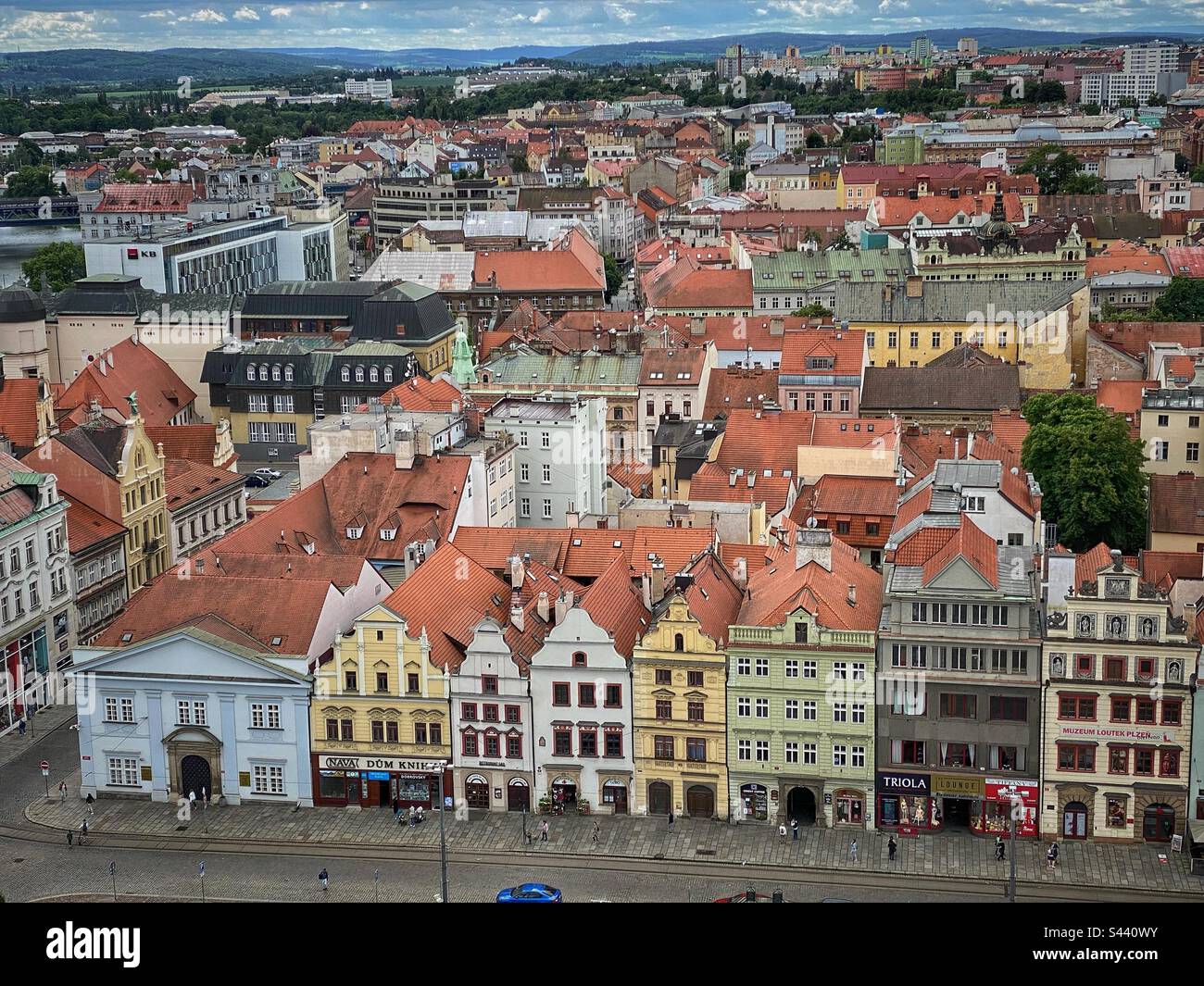 High-angle view at colorful historical buildings with red roofs in ...