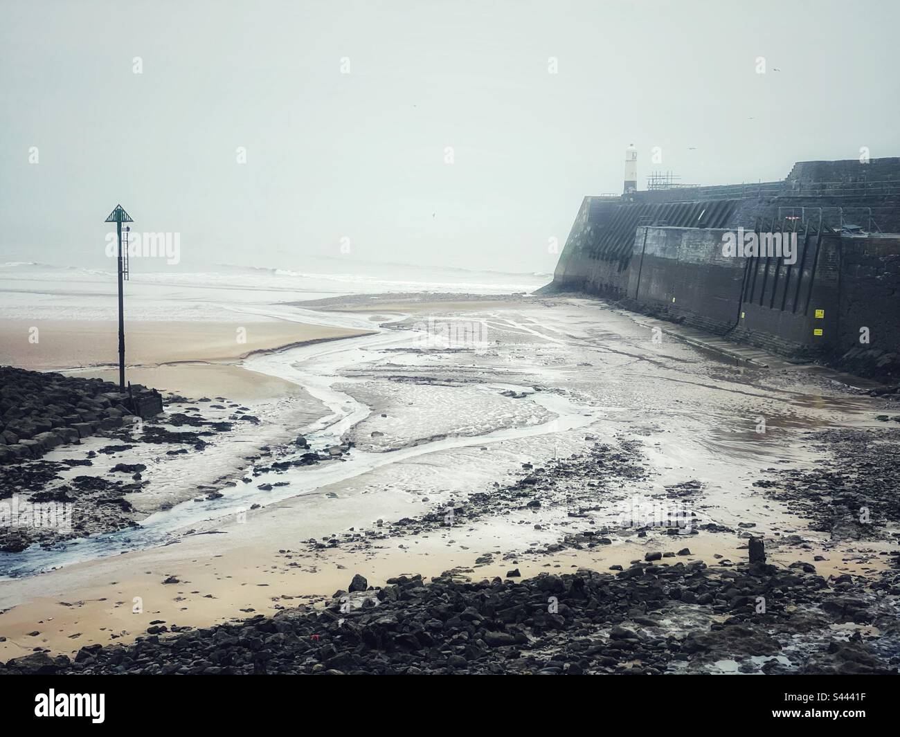 Porthcawl breakwater and Trecco Bay at low tide, misty drizzle day ...