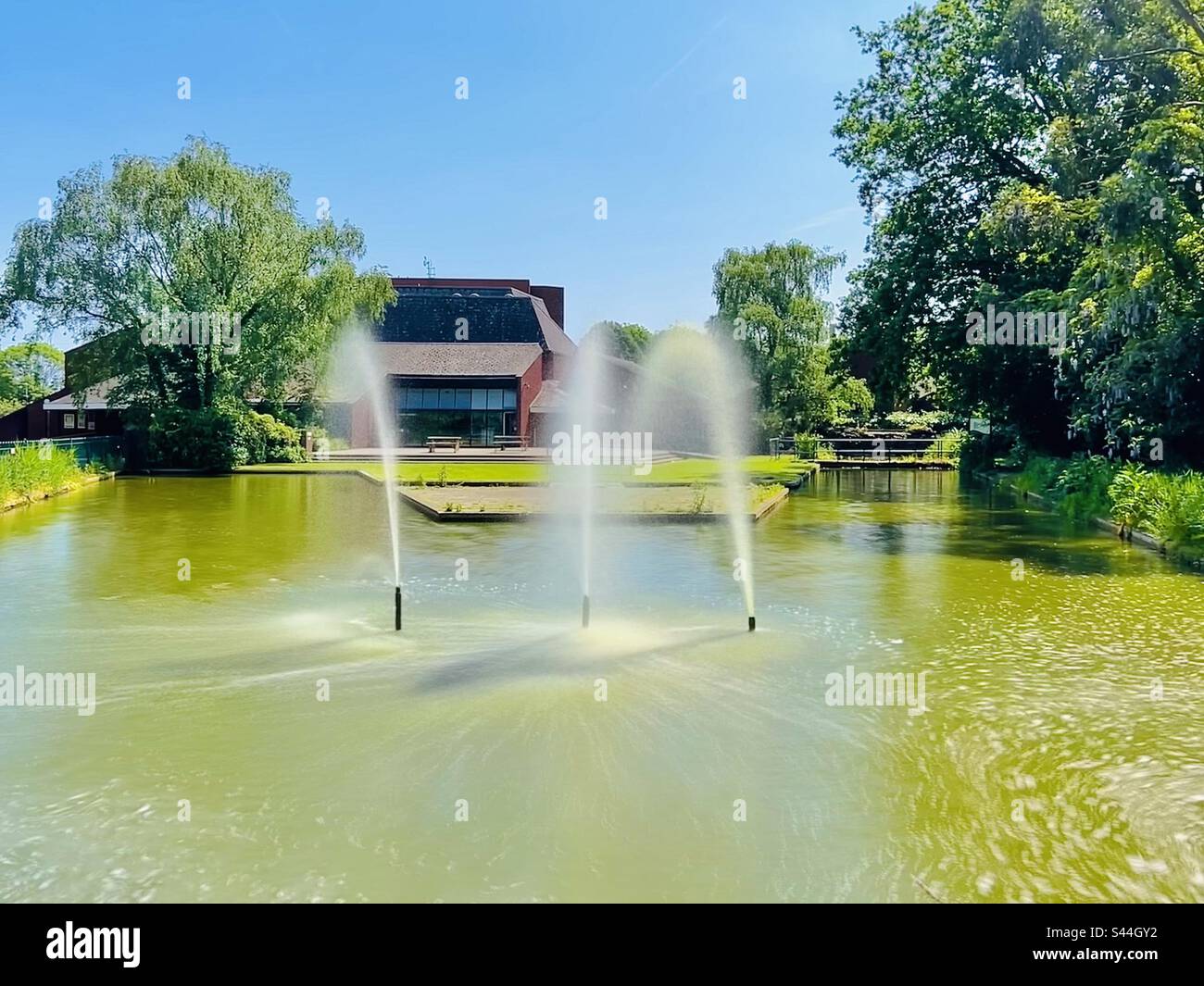 The Beck Theatre garden area in west London with a water fountain ...