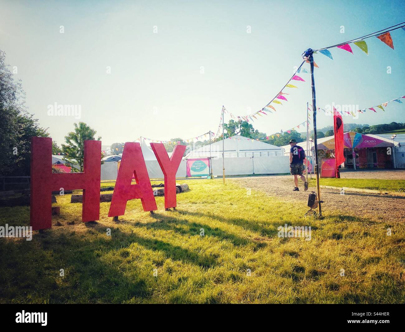 A photograph of the entrance to Hay Festival in Hay-on-Wye, Wales. Day ...
