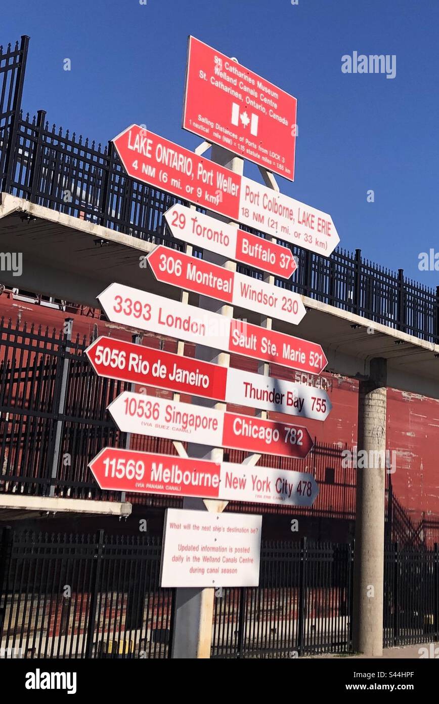 Directional signs along the Welland Canal in Ontario, Canada Stock ...