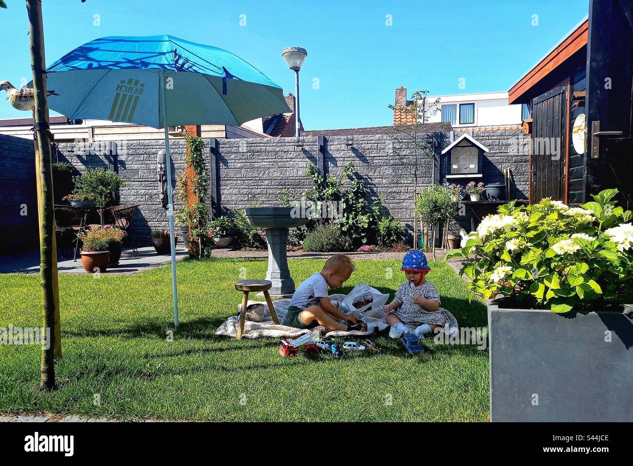 Toddlers playing in the backyard Stock Photo - Alamy