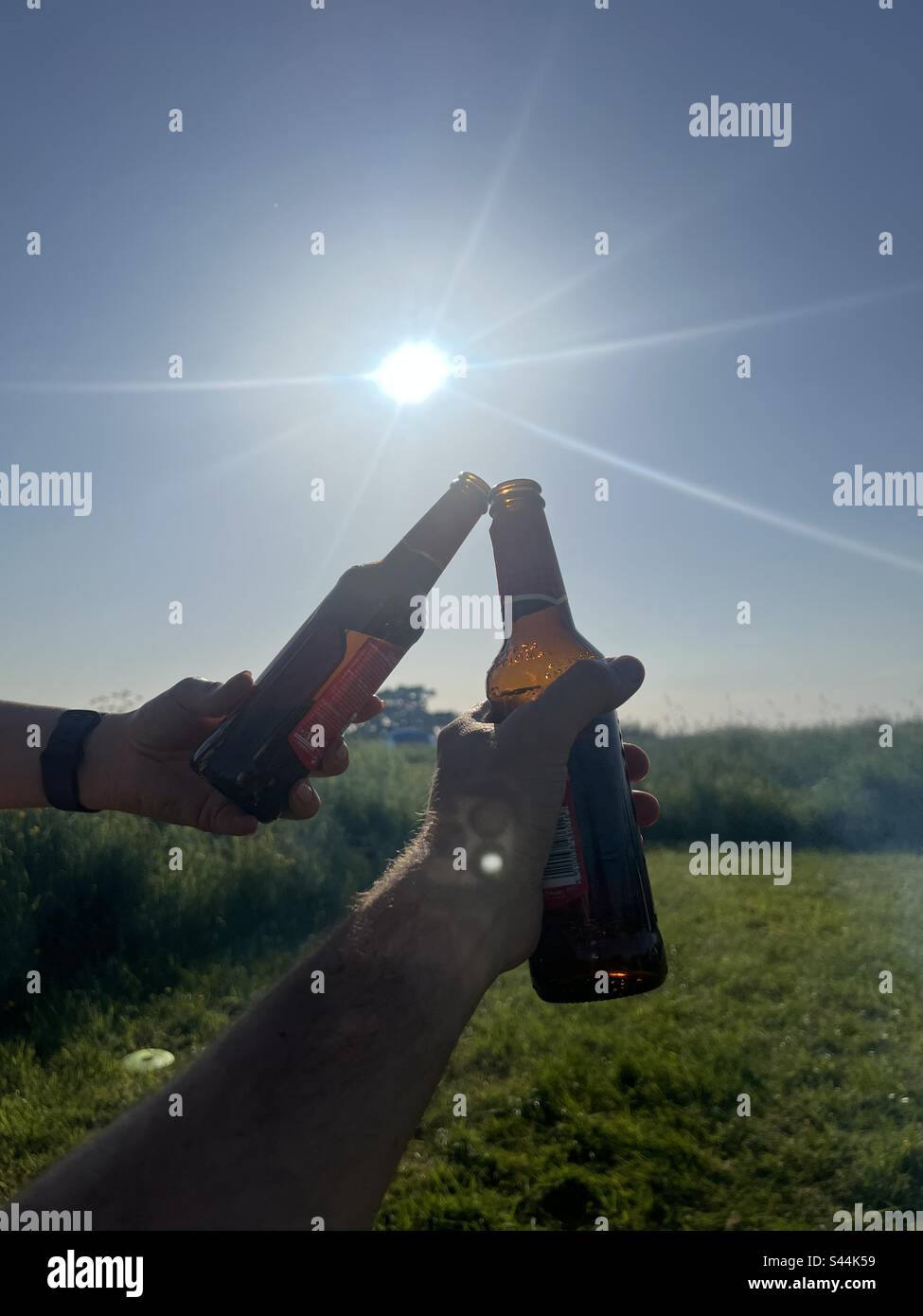 Two people “cheering” each other in a field of meadows Stock Photo - Alamy