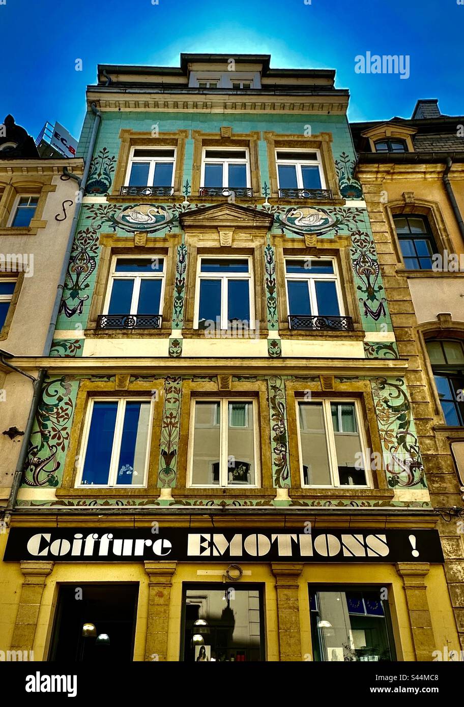 Yellow stone building with green paint and plant drawings on the facade ...