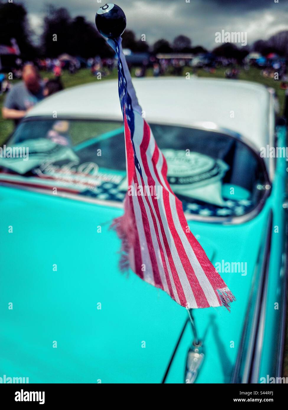 American flag on the a blue car at Singleton park car show, Swansea ...