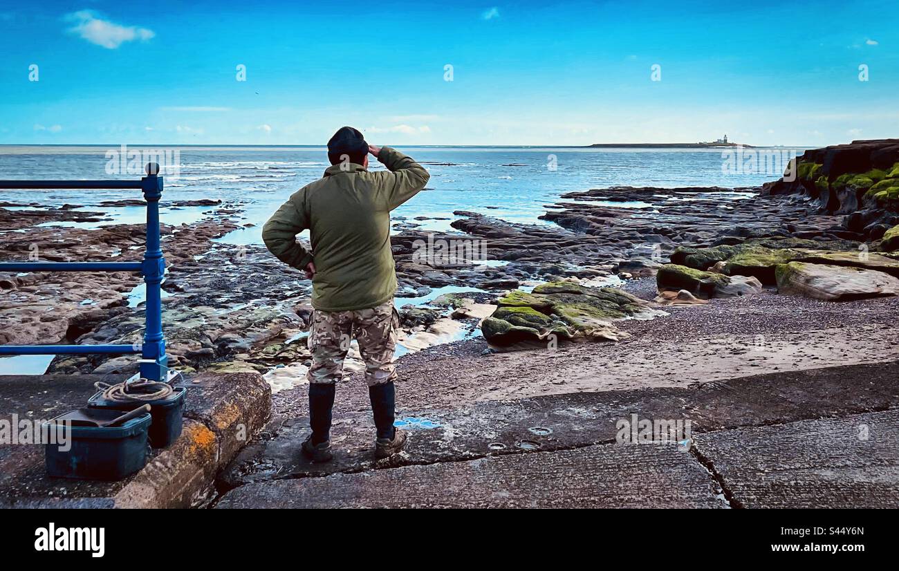A local Fisherman looks out towards Coquet Island from the Amble ...