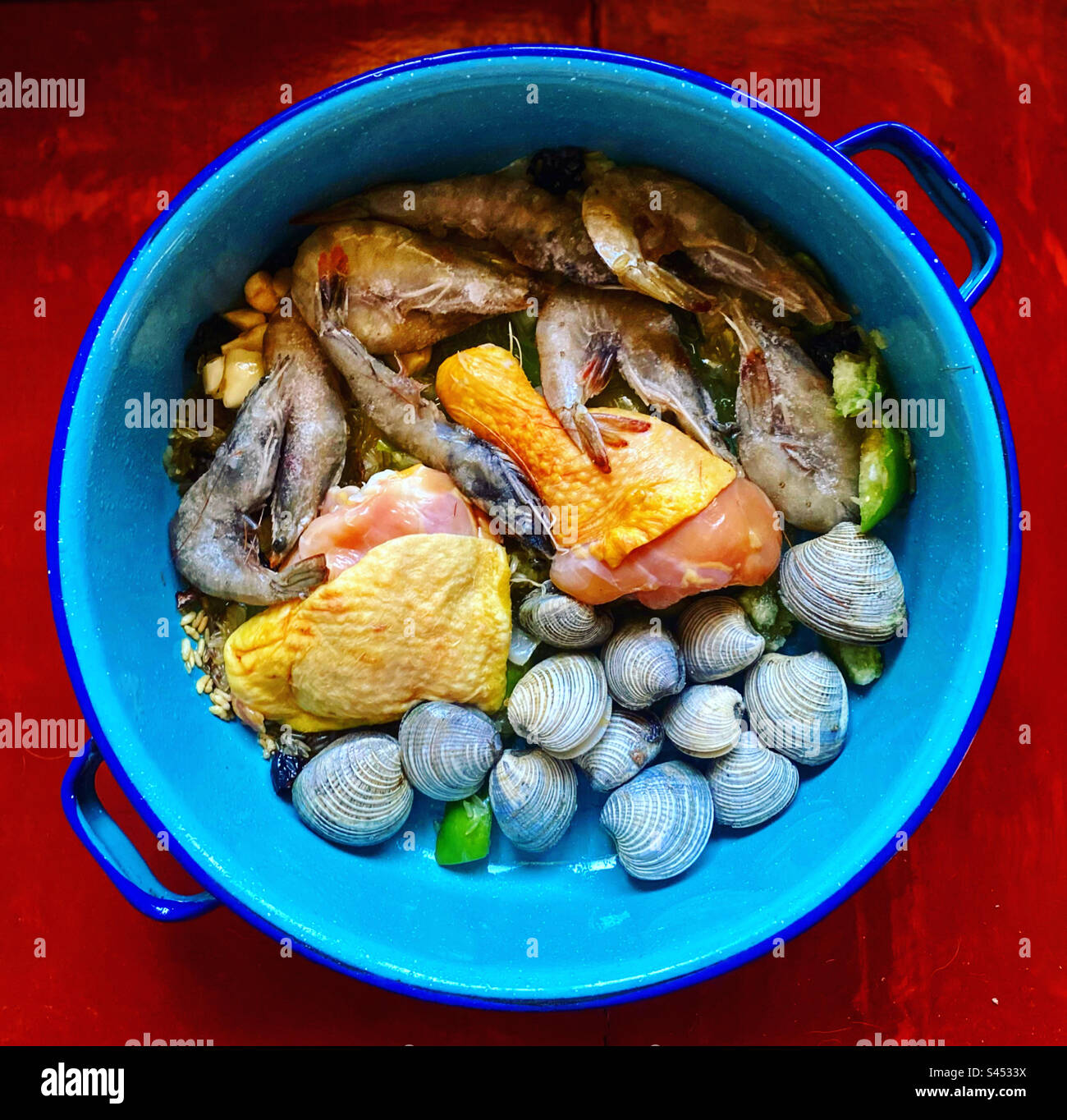 Clams, shrimp and chicken ready to be cooked in Queretaro, Mexico Stock ...