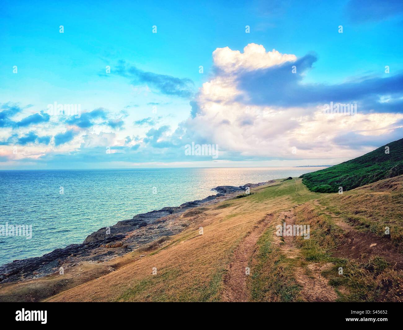 A beautiful landscape photograph of a coastal cliff scene. Green grass ...