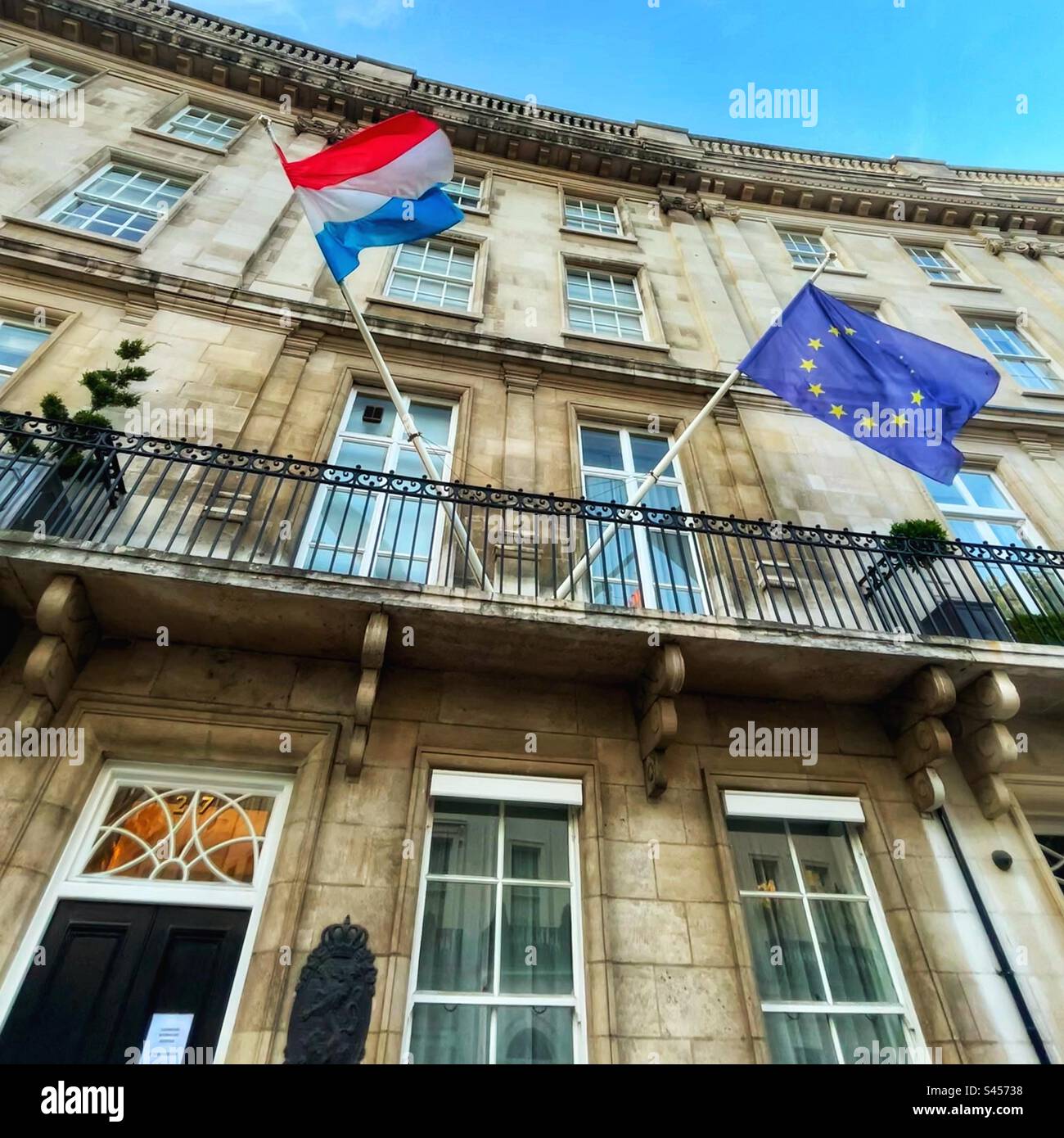 Embassy of Luxembourg in London with EU and national flags Stock Photo ...