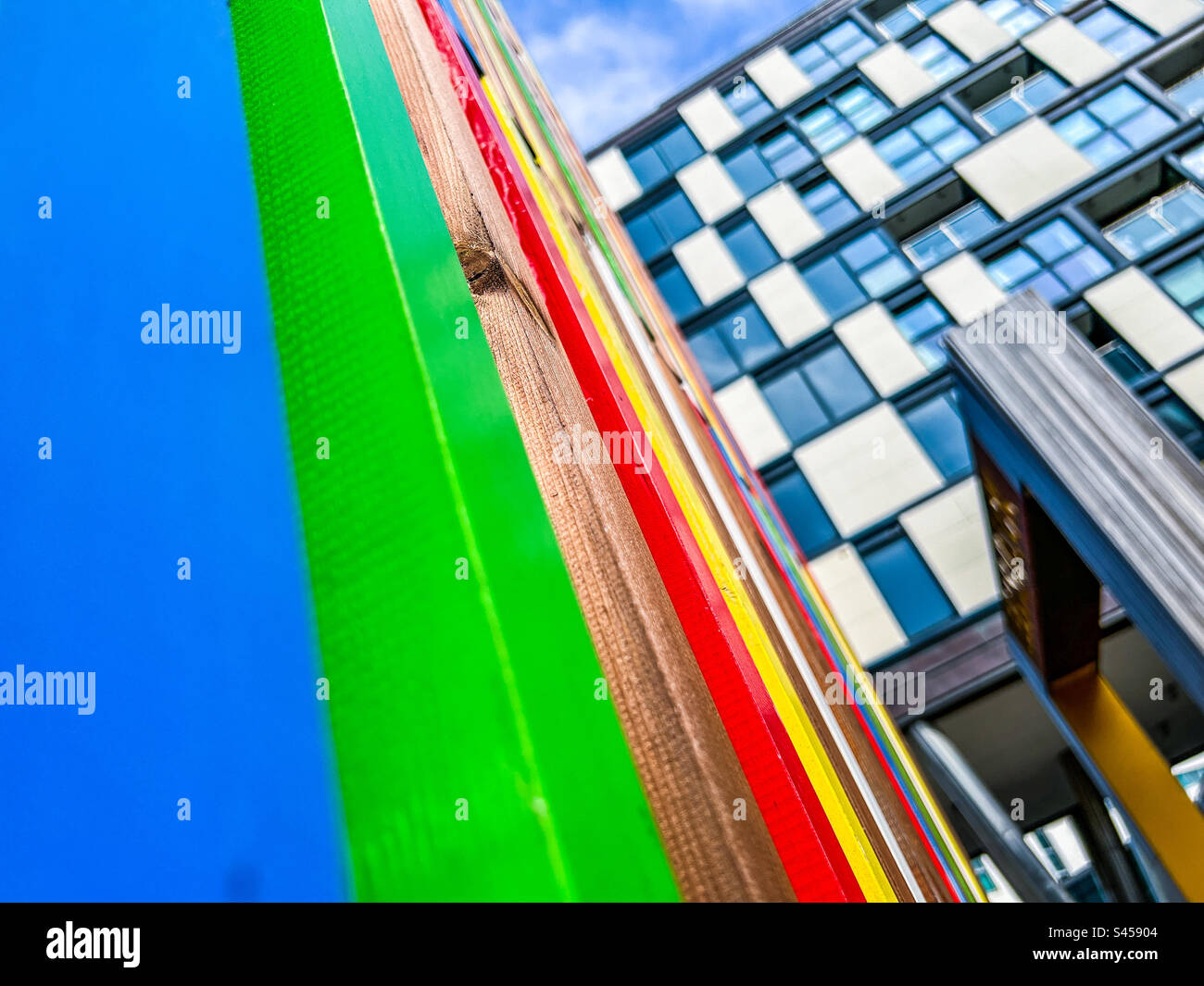 Colourful wooden cladding at the Deal Track building at Leeds Dock ...