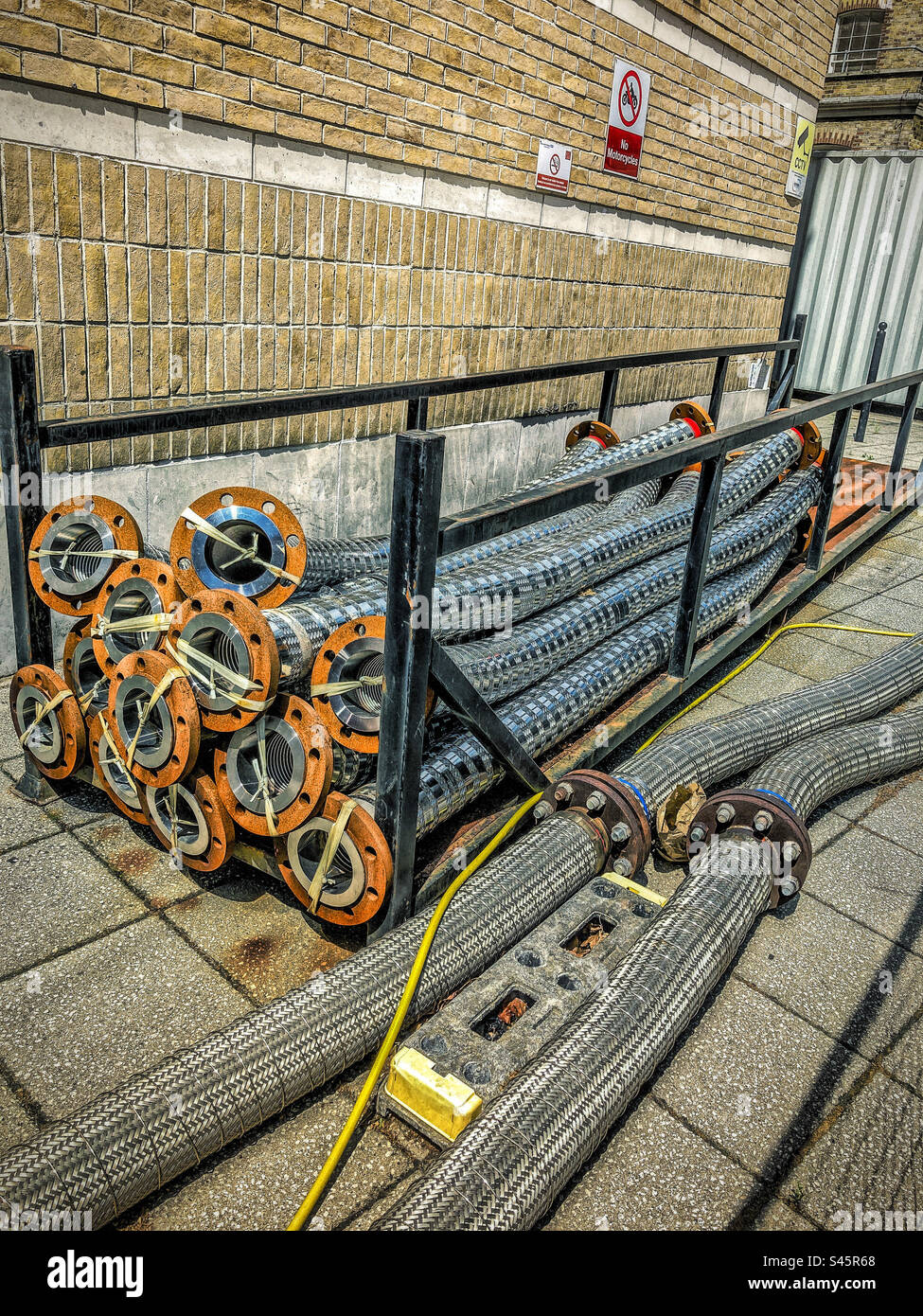 Large mesh-covered pipes at Guys Hospital, London Bridge Stock Photo ...