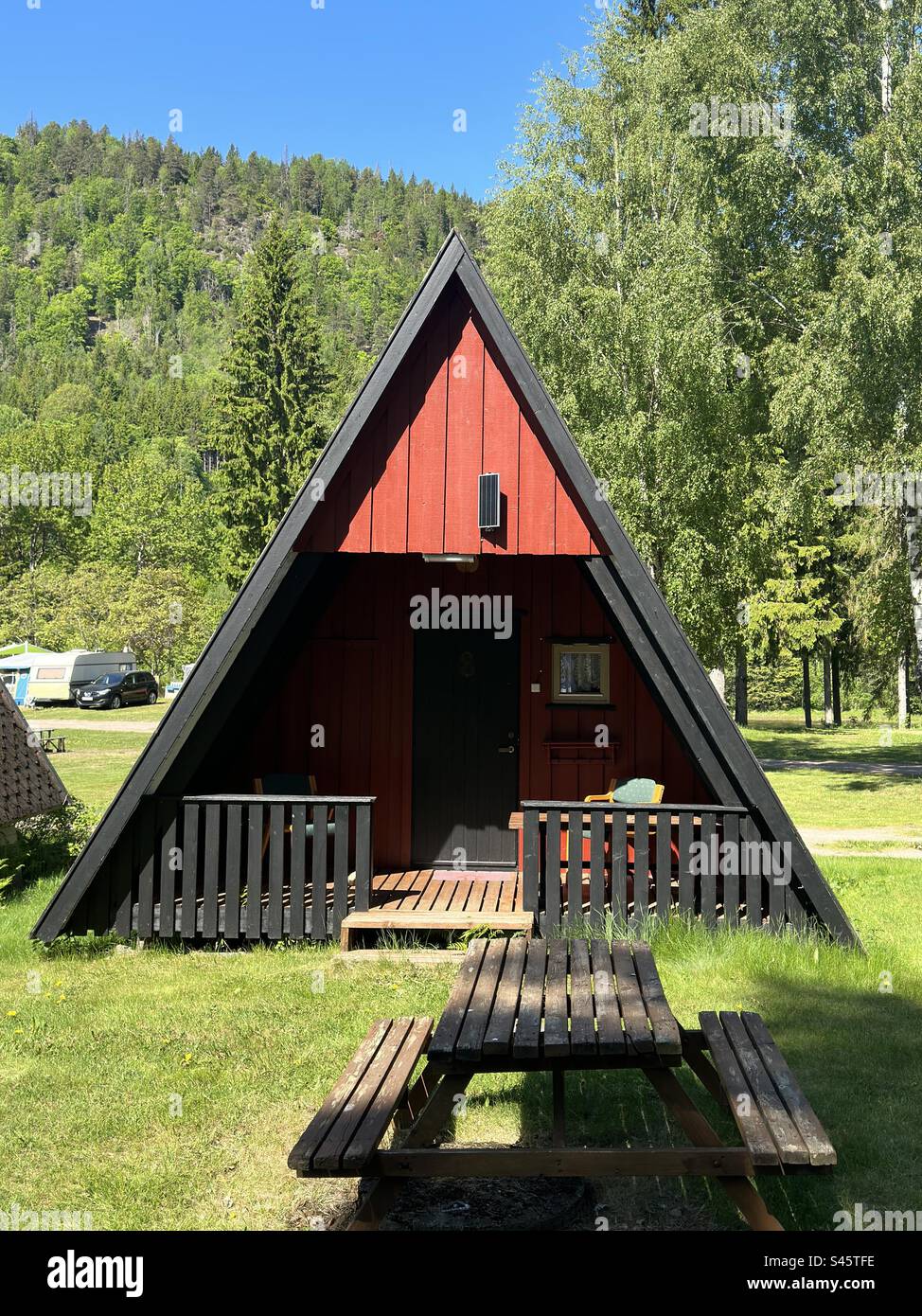 Wooden cabin with triangle shape in the nature in Norway Stock Photo ...