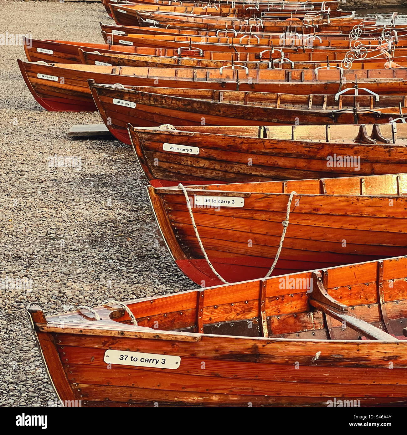 Rowing boats beached on shore at Keswick in the Lake District Stock ...