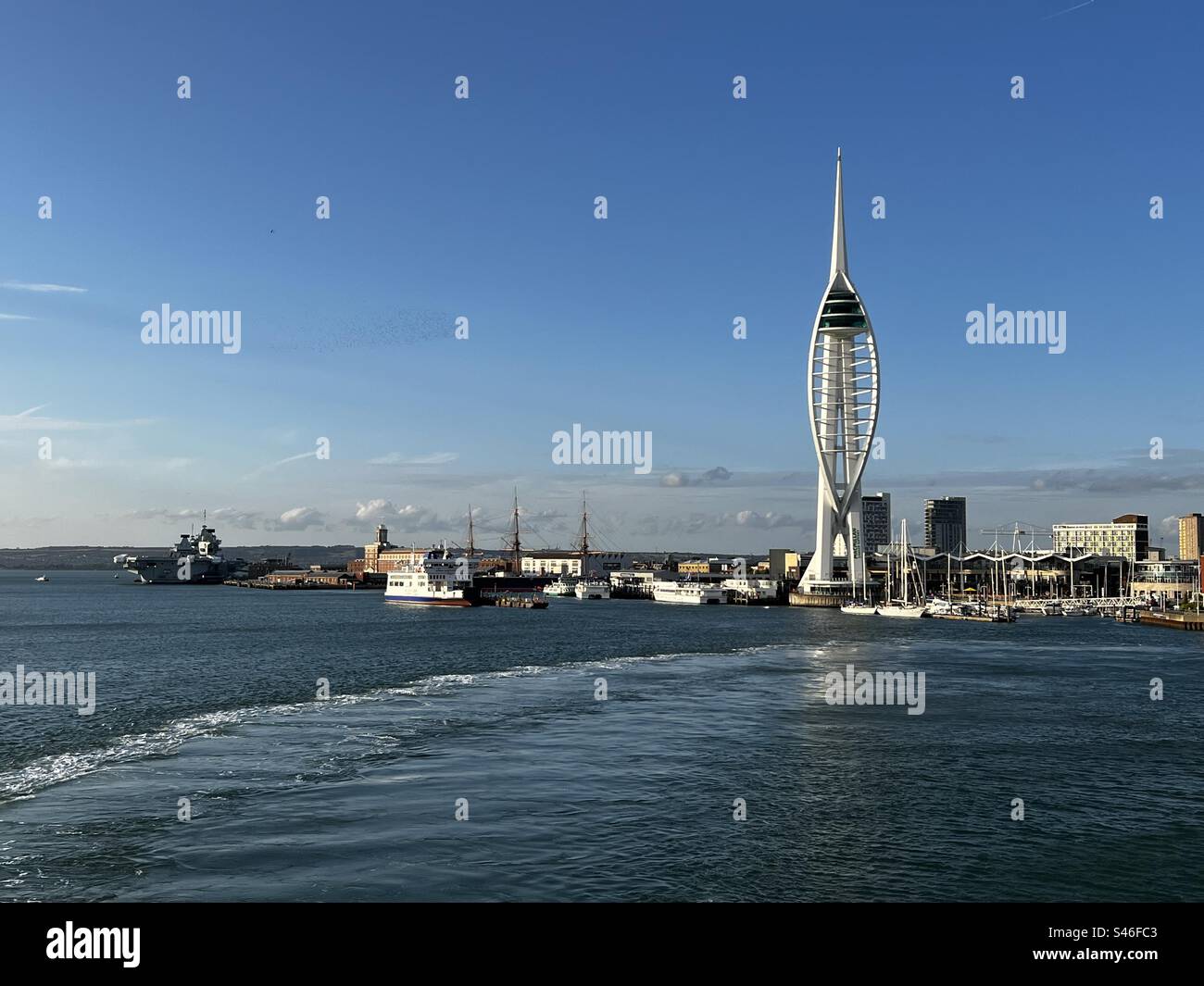 Portsmouth harbour, spinnaker tower, aircraft carrier, tall ship Stock ...