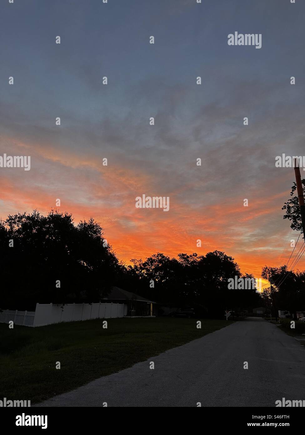 Vibrant orange and pink sunset from a neighborhood street with trees in ...