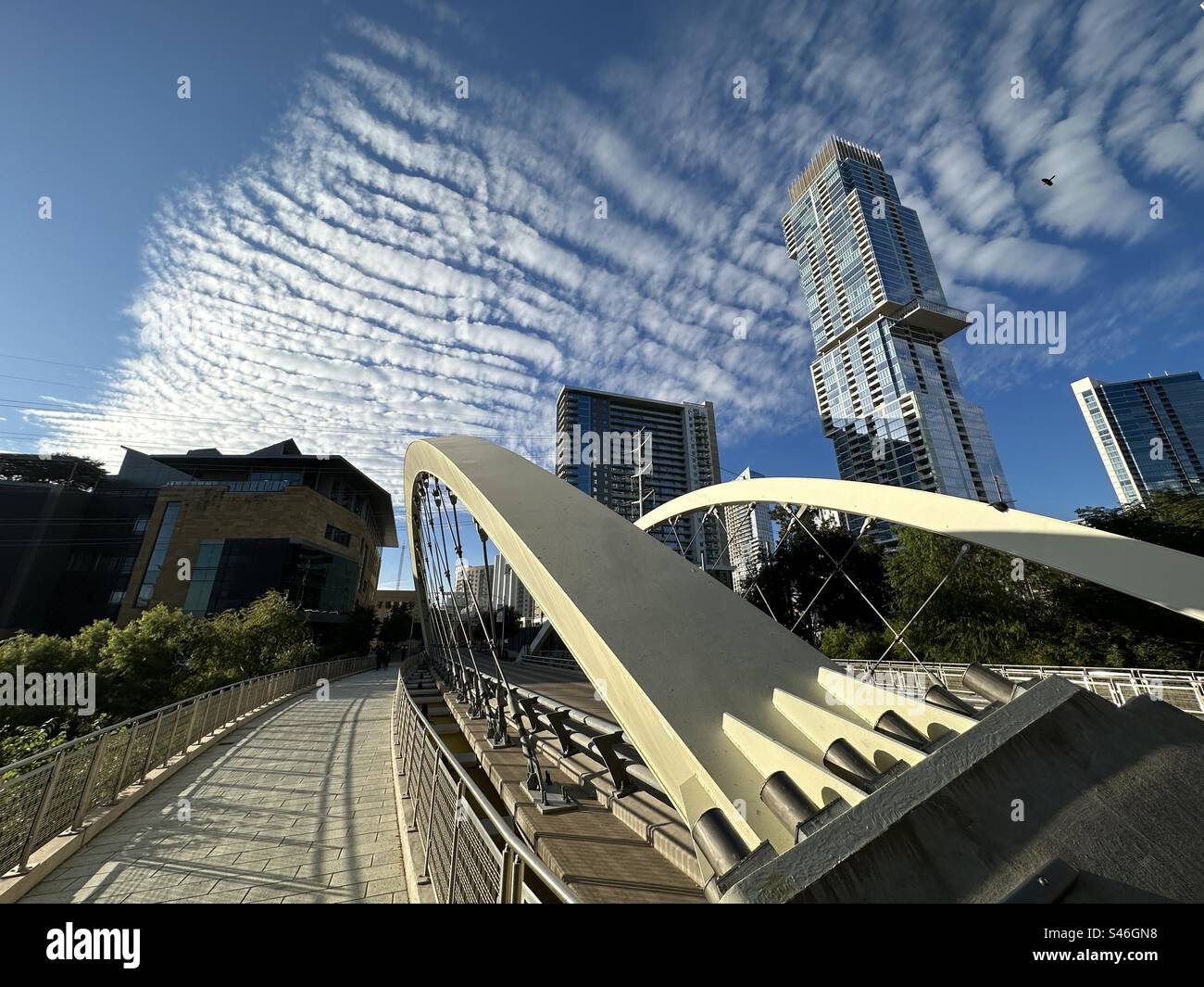 Butterfly Bridge on First Avenue, Austin, Texas with altostratus clouds ...