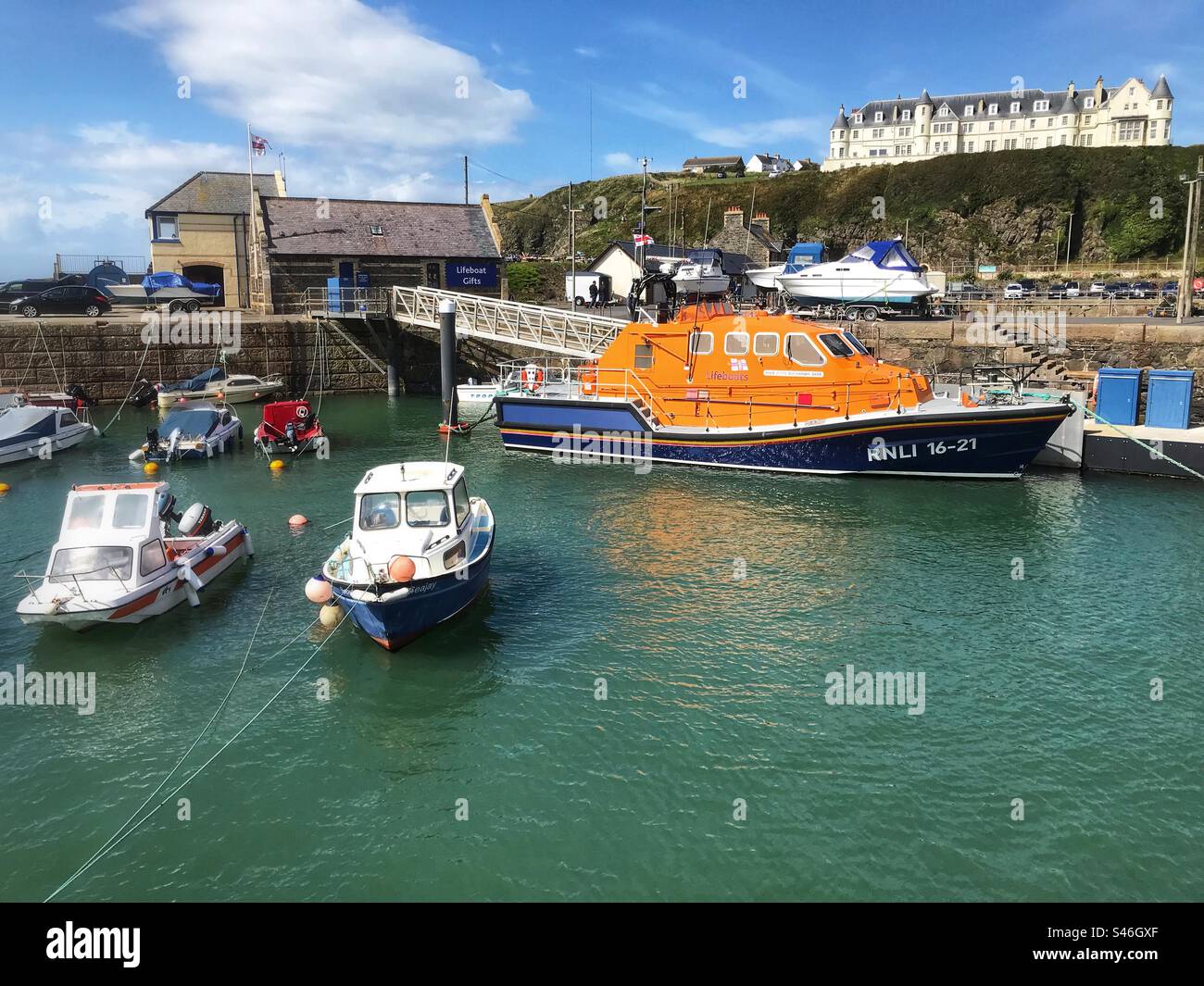 Portpatrick Wigtownshire Scotland harbour science with RNLI lifeboat ...