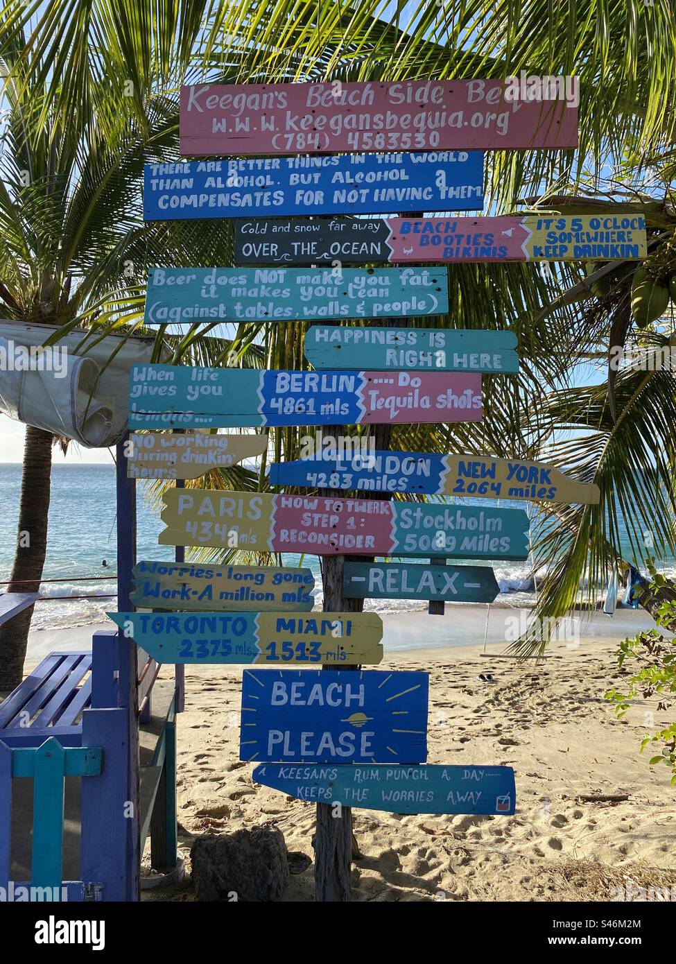 Directional signs on the beach in Bequia Stock Photo - Alamy