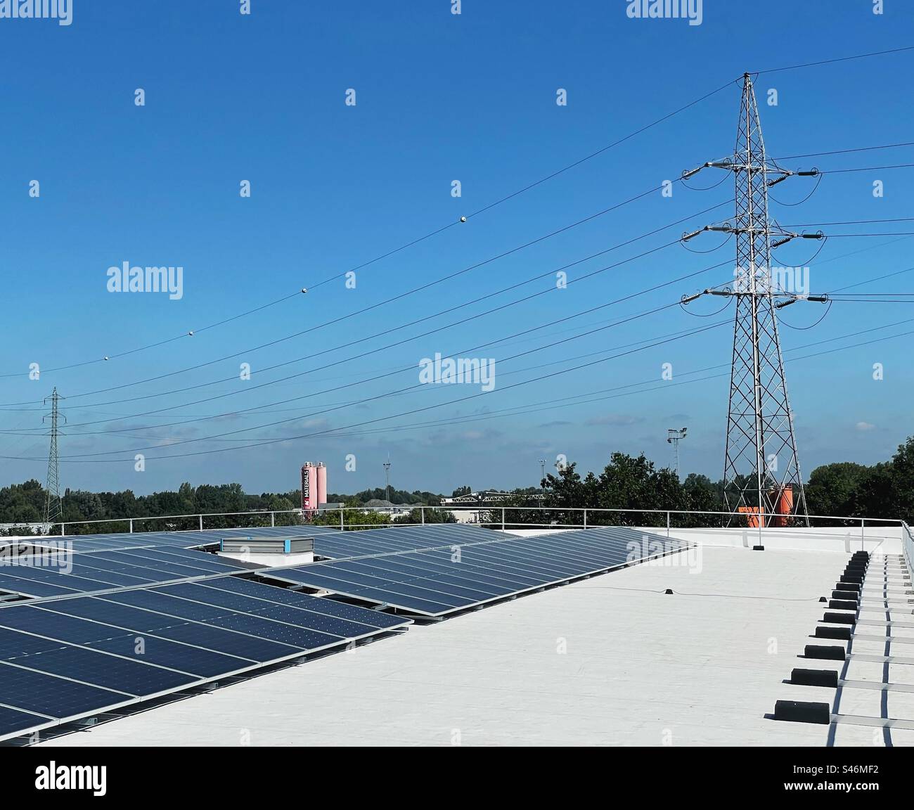 Rows of solar panels on a rooftop with power lines in the background ...